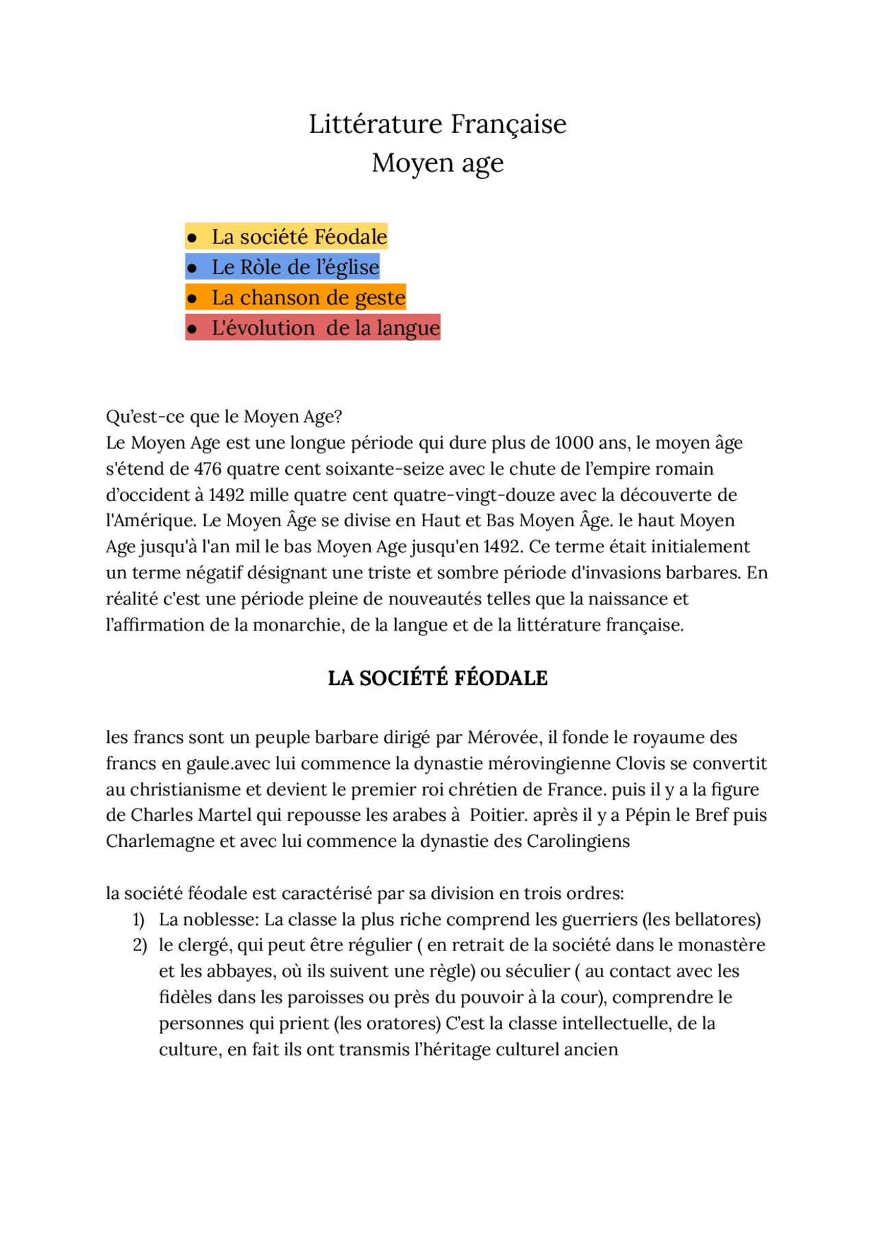 Littérature Française Moyen Age Notes De Français Docsity