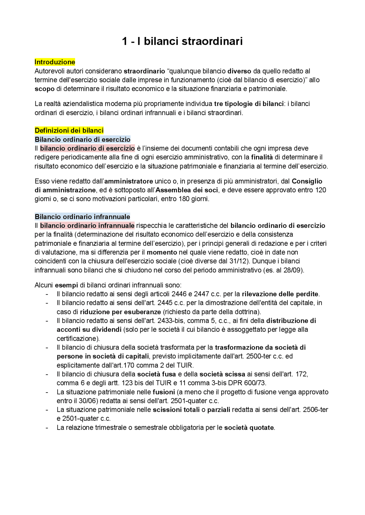 Riassunto Completo Di Operazioni E Bilanci Straordinari Teoria