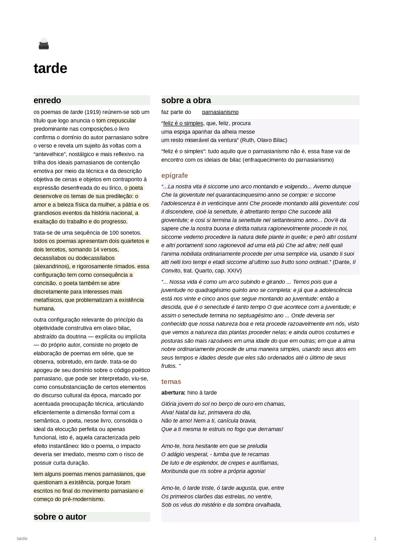 Tarde Poemas De Olavo Bilac Resumos Literatura Ensino Médio Docsity