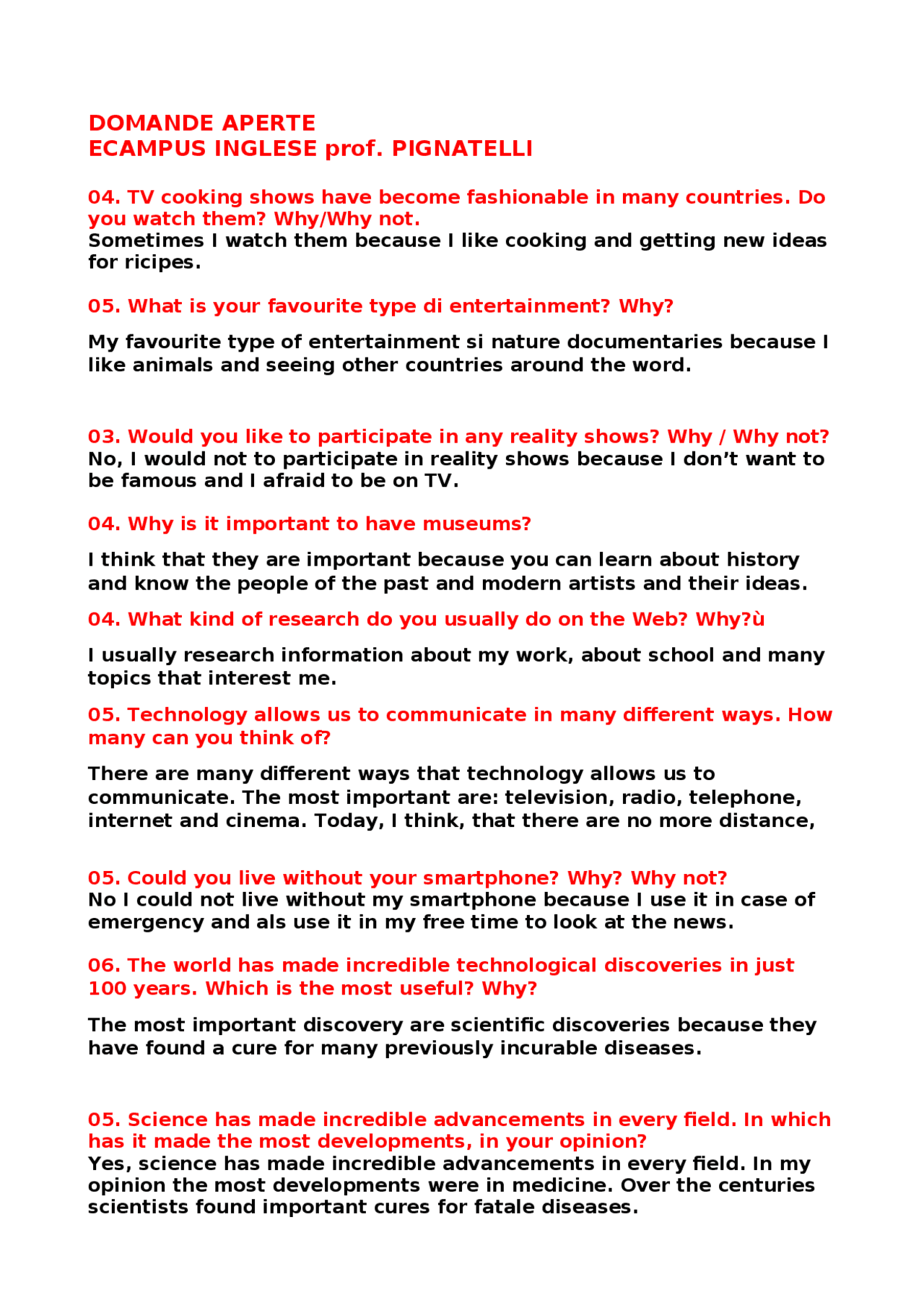 Domande aperte esame "Lingua Inglese" Prof. Pignatelli | Appunti di Lingua Inglese | Docsity
