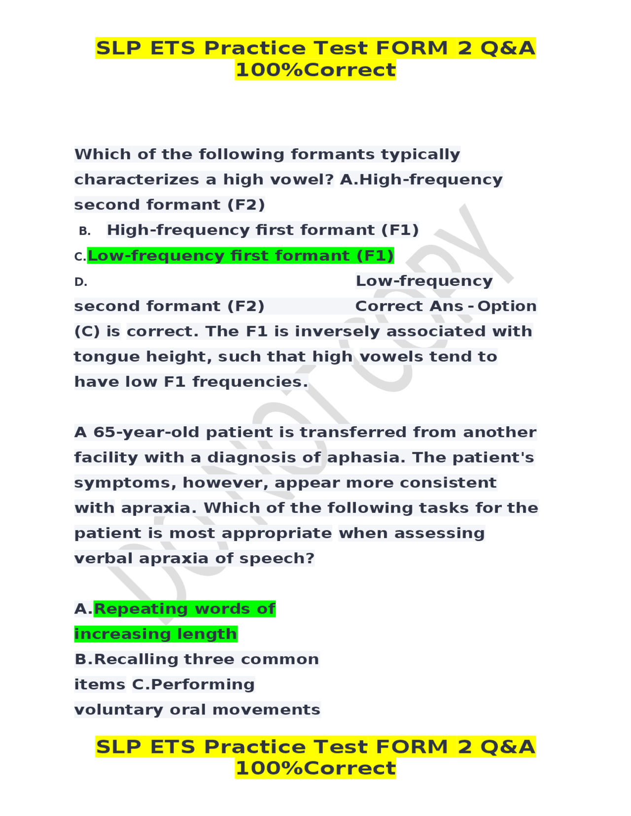SLP ETS Practice Test FORM 2 Q&A 100%Correct | Exams Nursing | Docsity