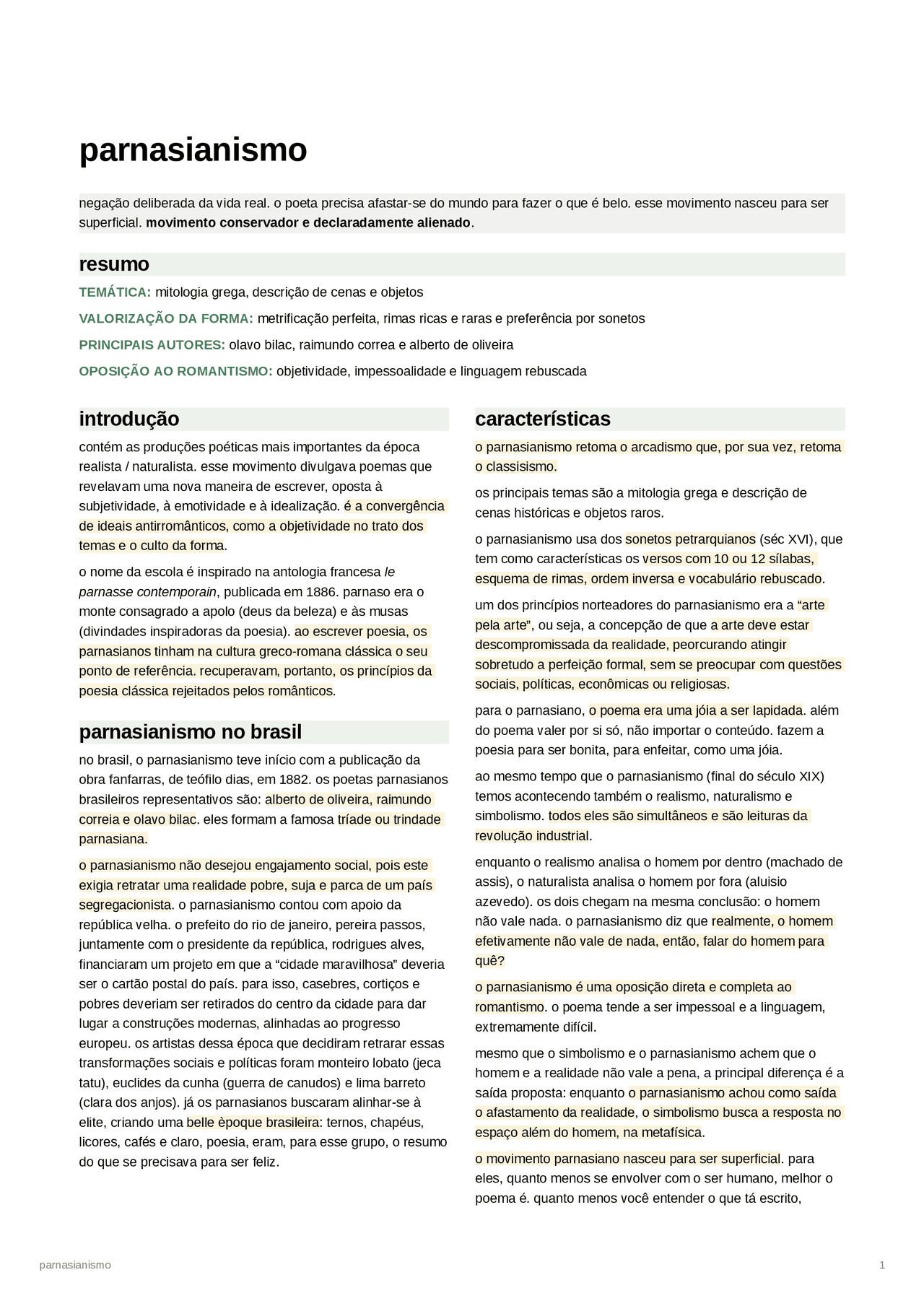 Movimento literário: Parnasianismo | Resumos Literatura Ensino Médio ...