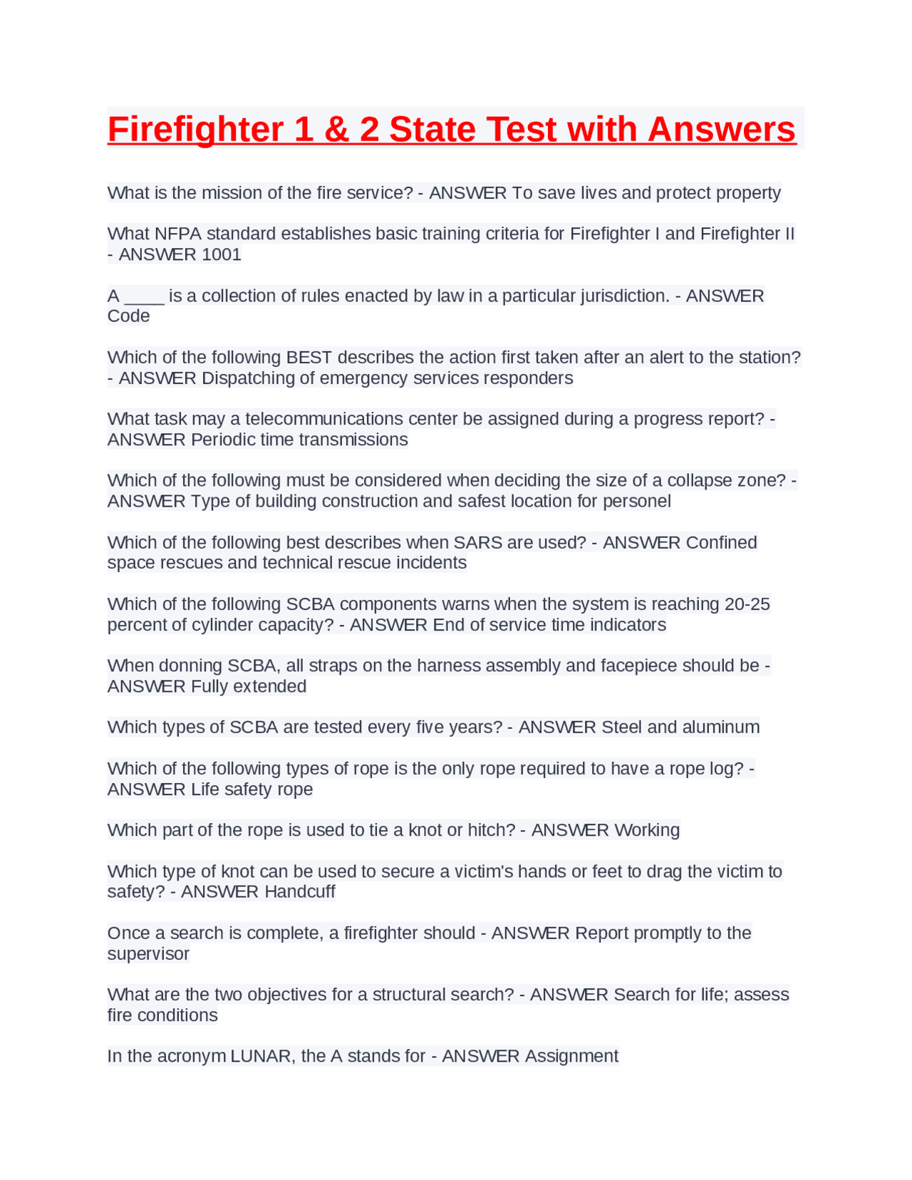 Firefighter 1 & 2 State Test with Answers | Exams Safety and Fire ...