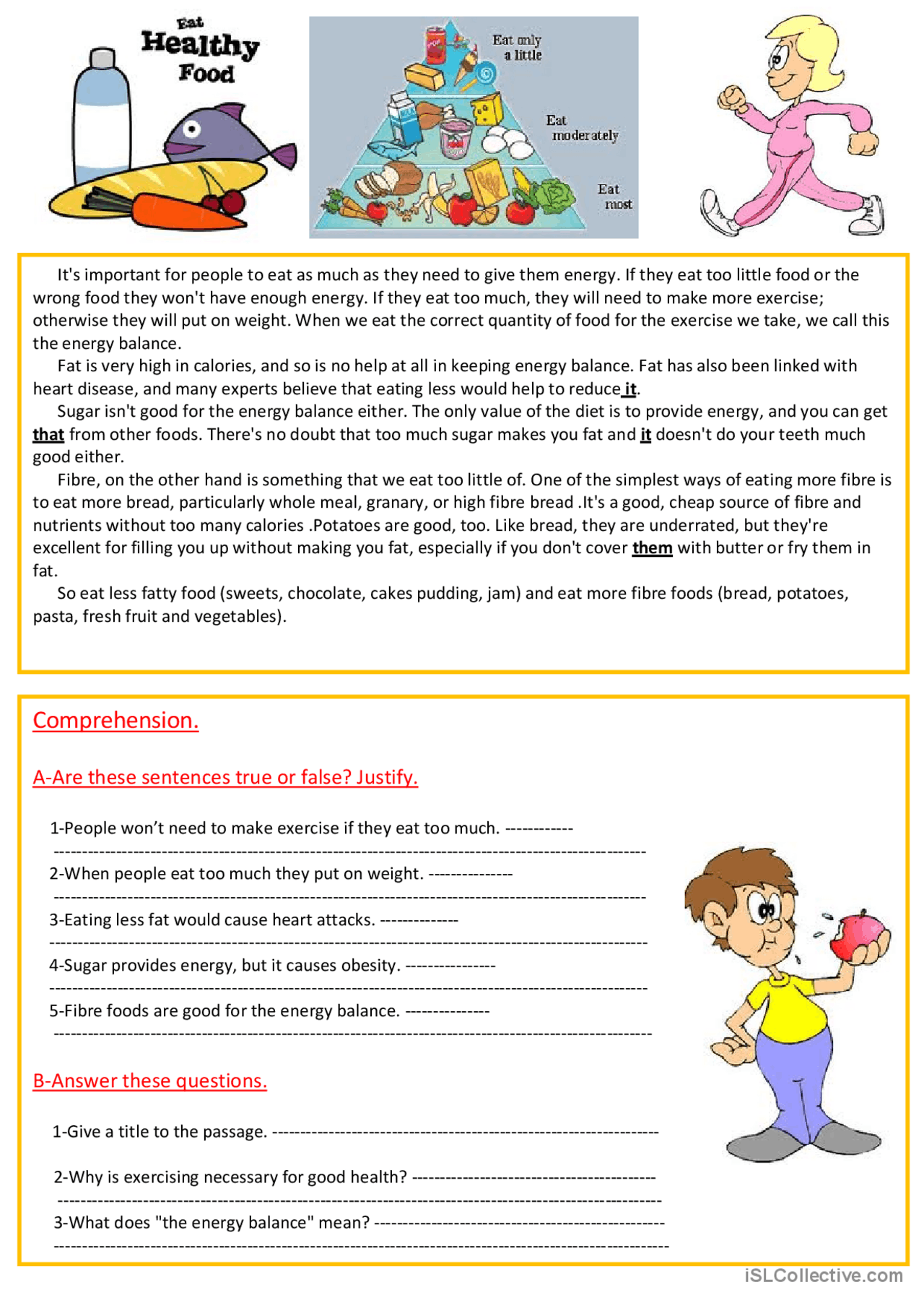 Comer sano para llevar una vida sana | Ejercicios de Inglés | Docsity