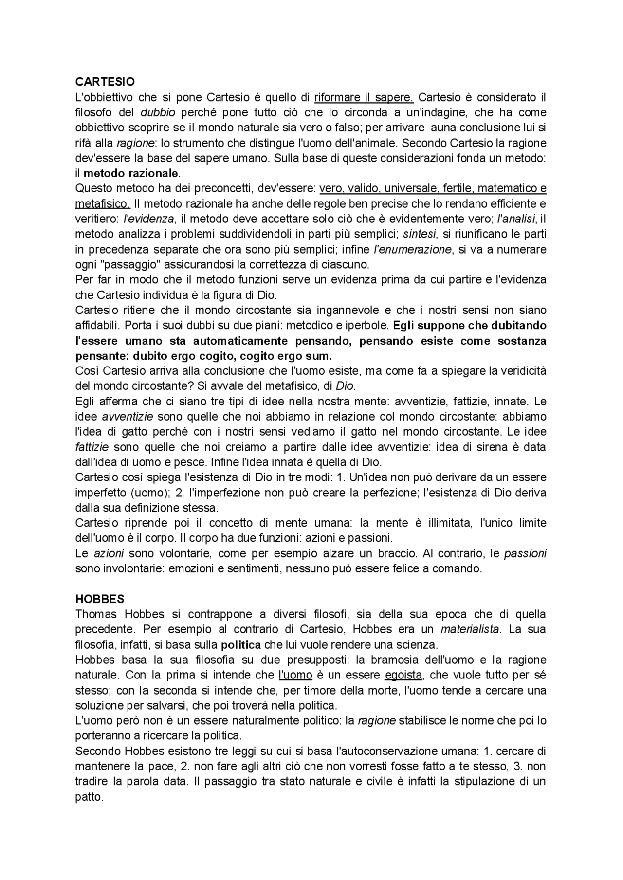 Riassunto Su Cartesio Hobbes Locke Appunti Di Filosofia Docsity