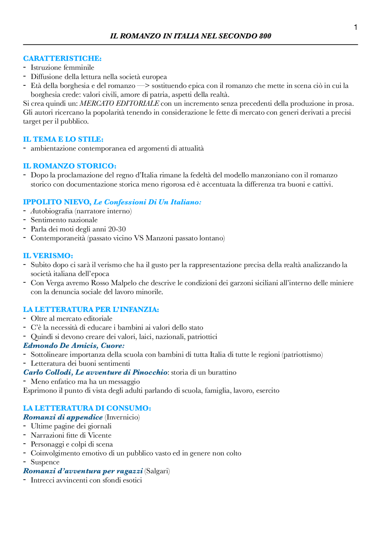 IL ROMANZO IN ITALIA NEL SECONDO 800 | Appunti di Italiano | Docsity