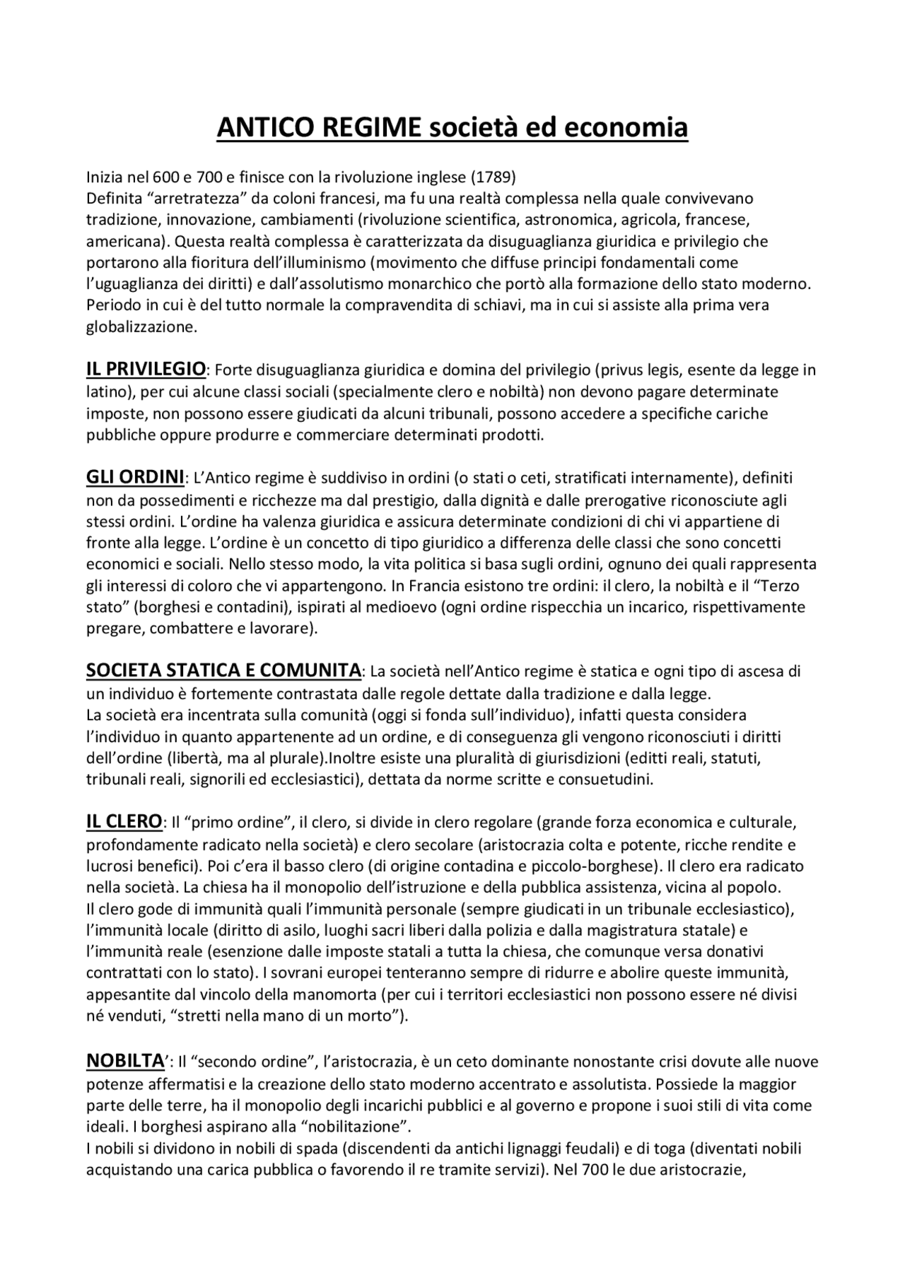 Antico Regime Riassunto Società Ed Economia Appunti Di Storia Docsity