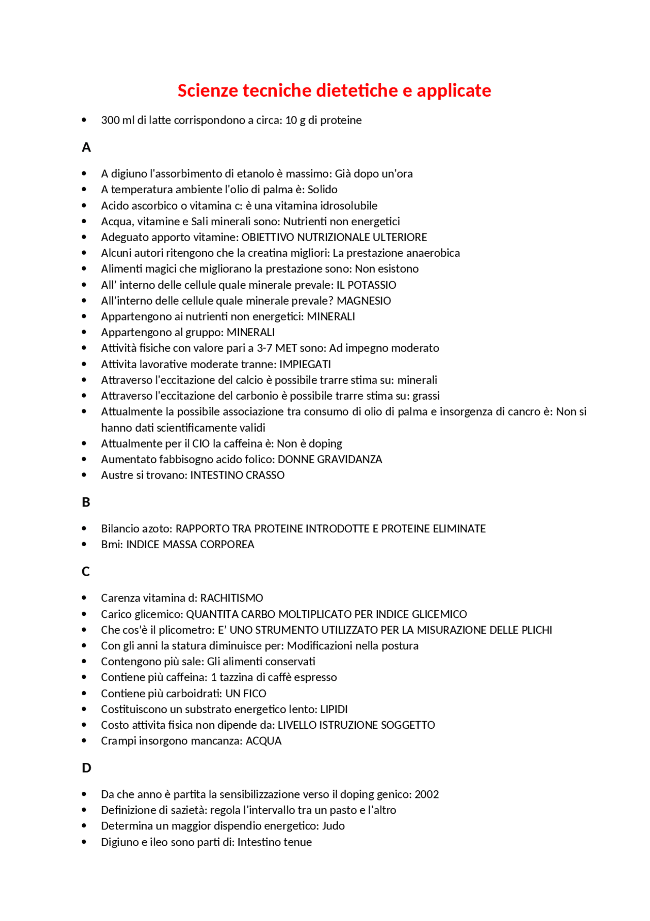 Scienze Dietetiche E Applicate Prove Desame Di Scienze Motorie Docsity