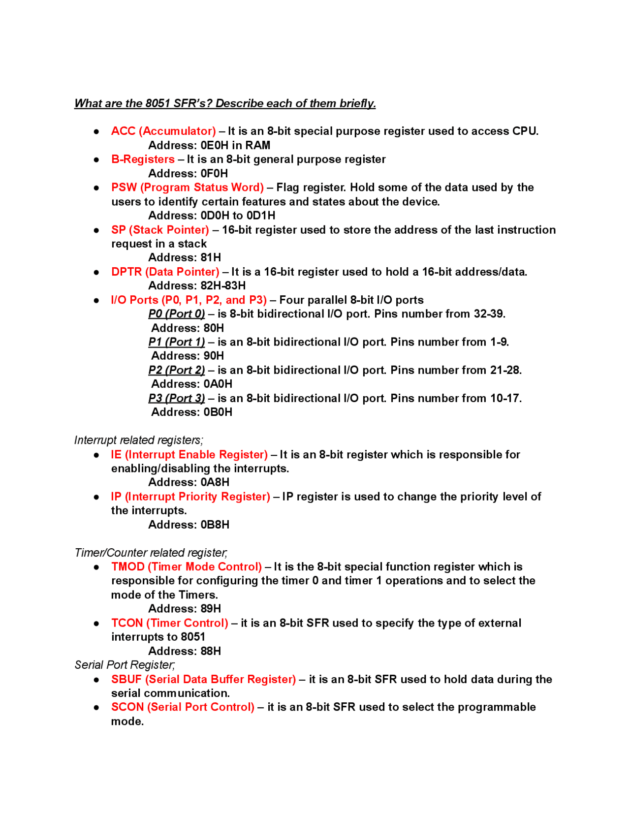 8051 Special Function Registered Assignments Microcontrollers Docsity