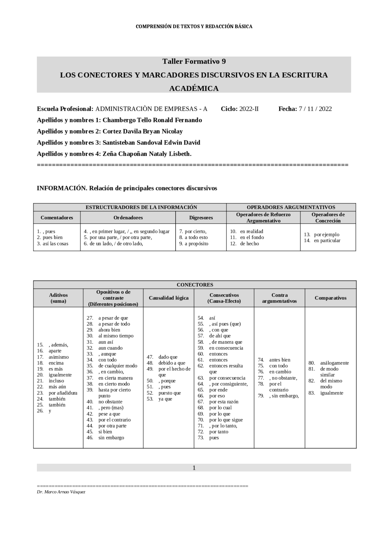 Taller 9 Conectores Discursivos Grupal Guide Progetti E Ricerche Di