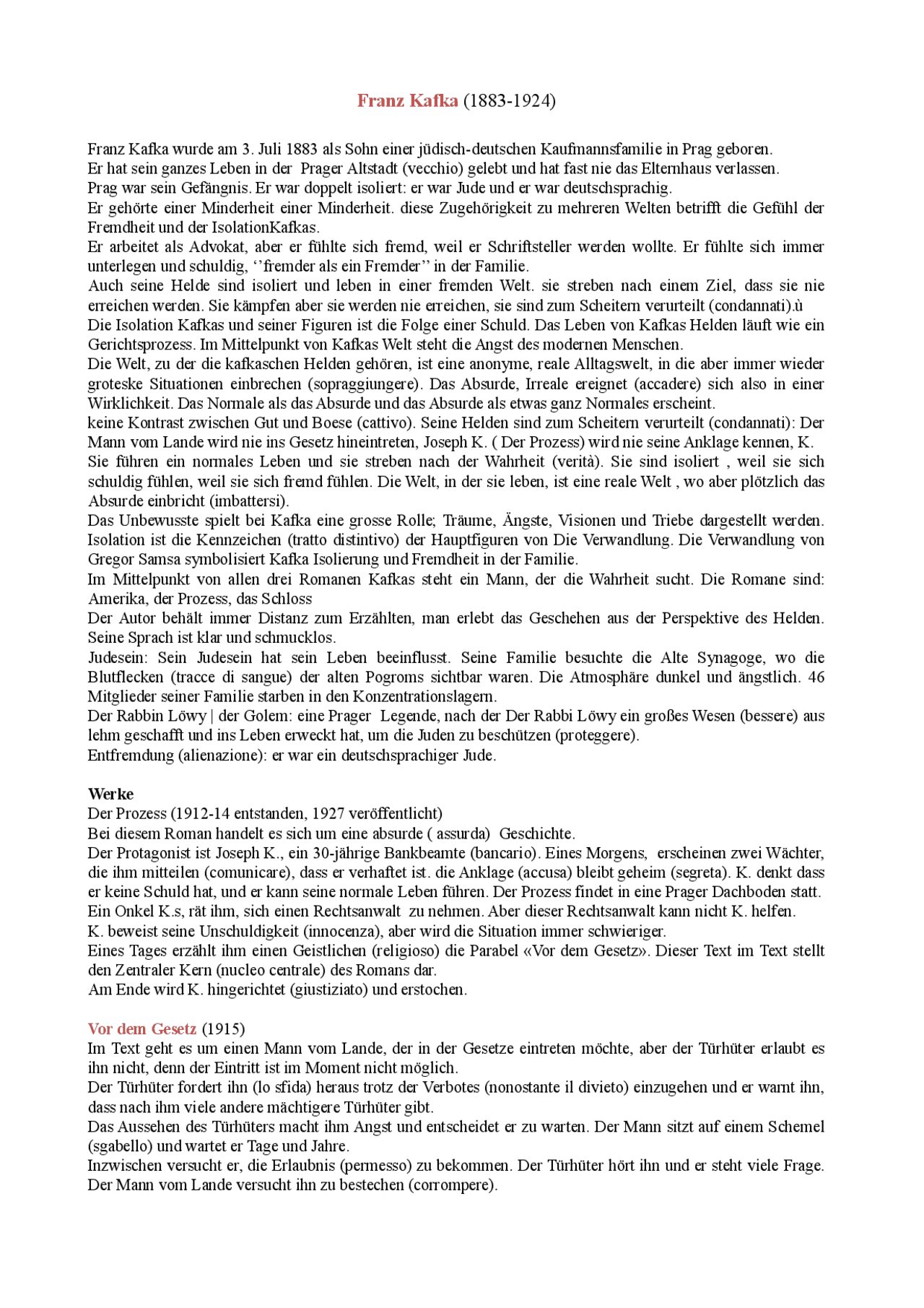 Franz Kafka Leben Und Werke Dispense Di Tedesco Docsity