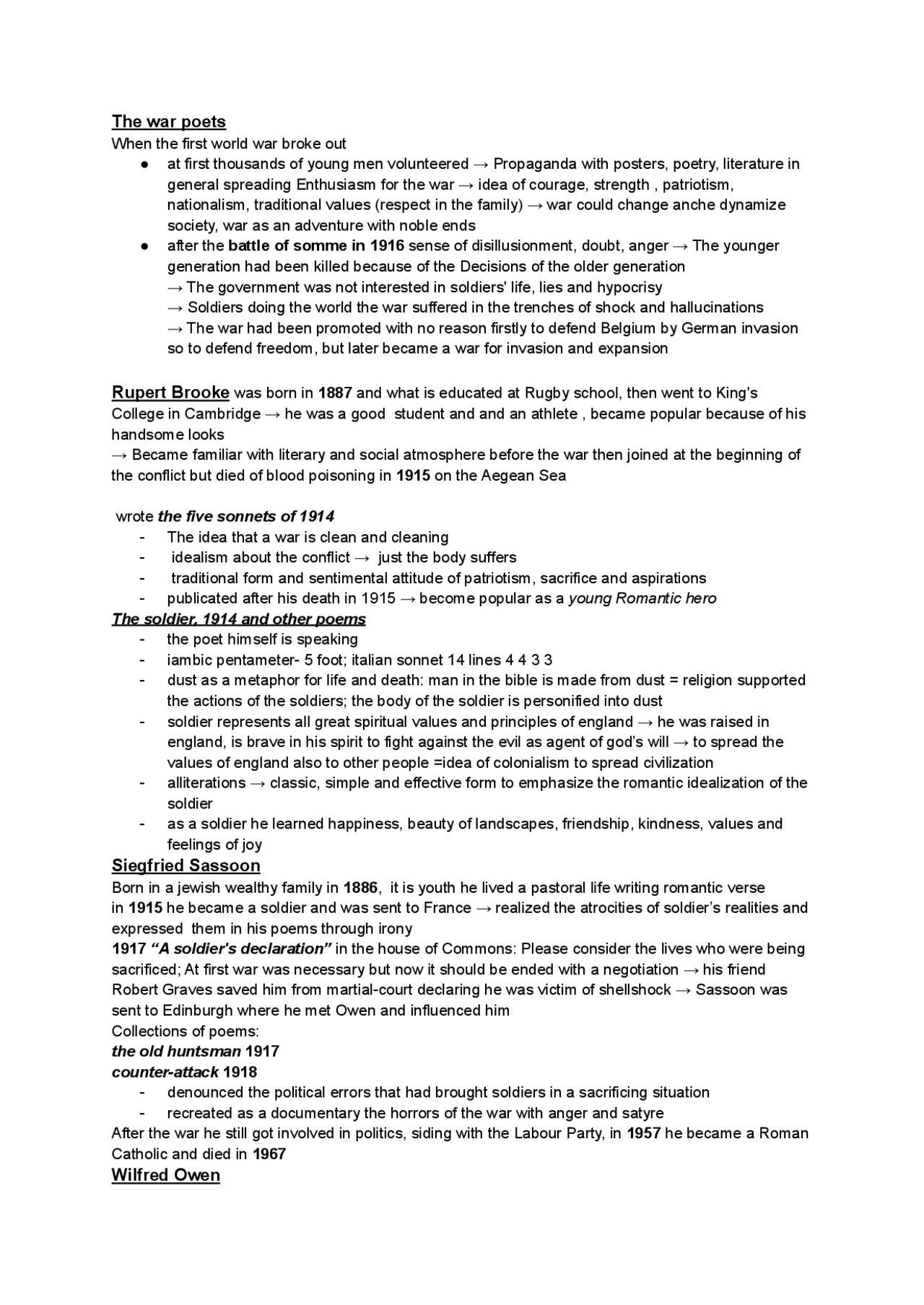 The War poets: Brooke, Sassoon, Owen | Schemi e mappe concettuali di ...