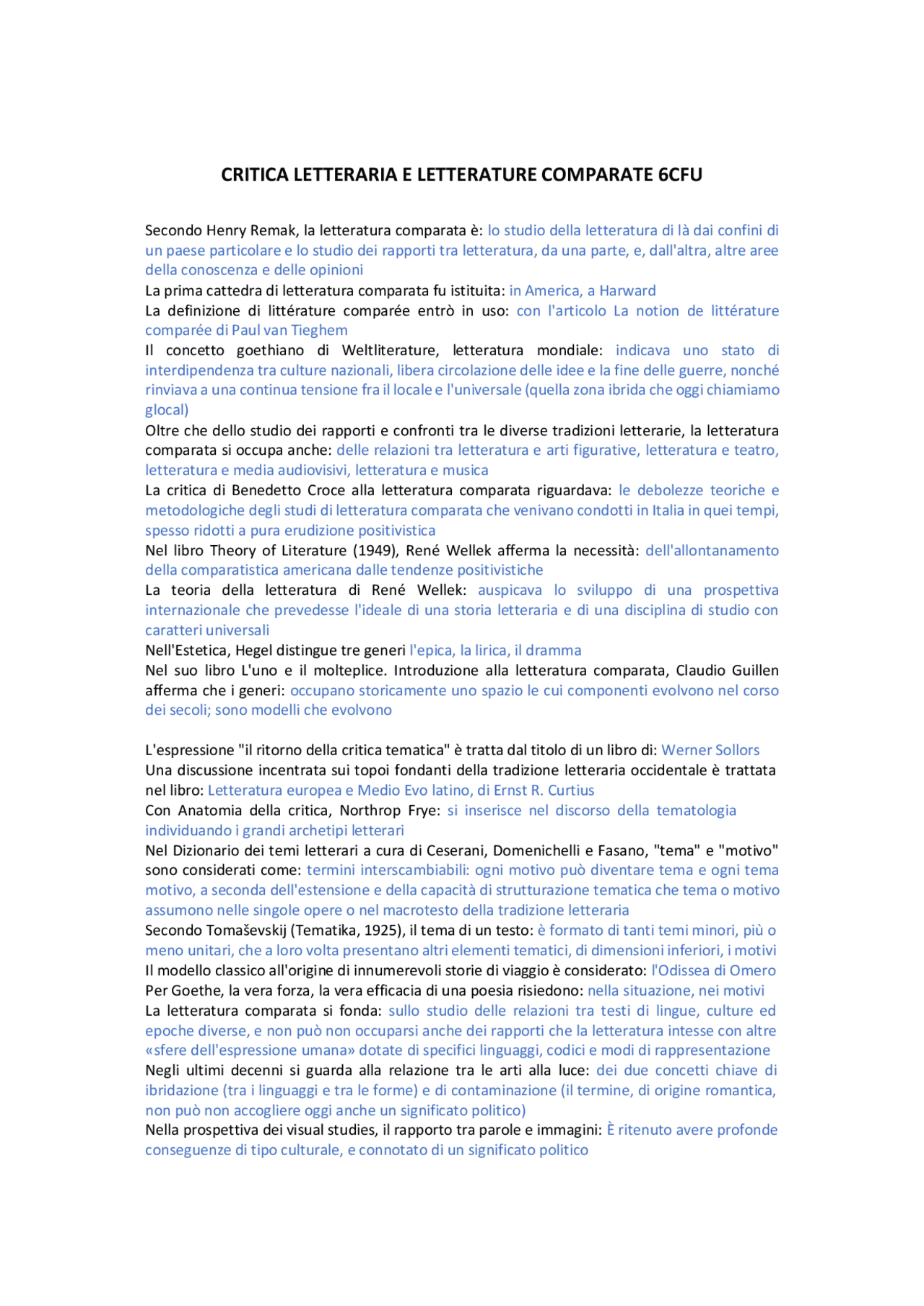 Critica letteraria e letterature comparate | Prove d'esame di Letteratura Italiana | Docsity