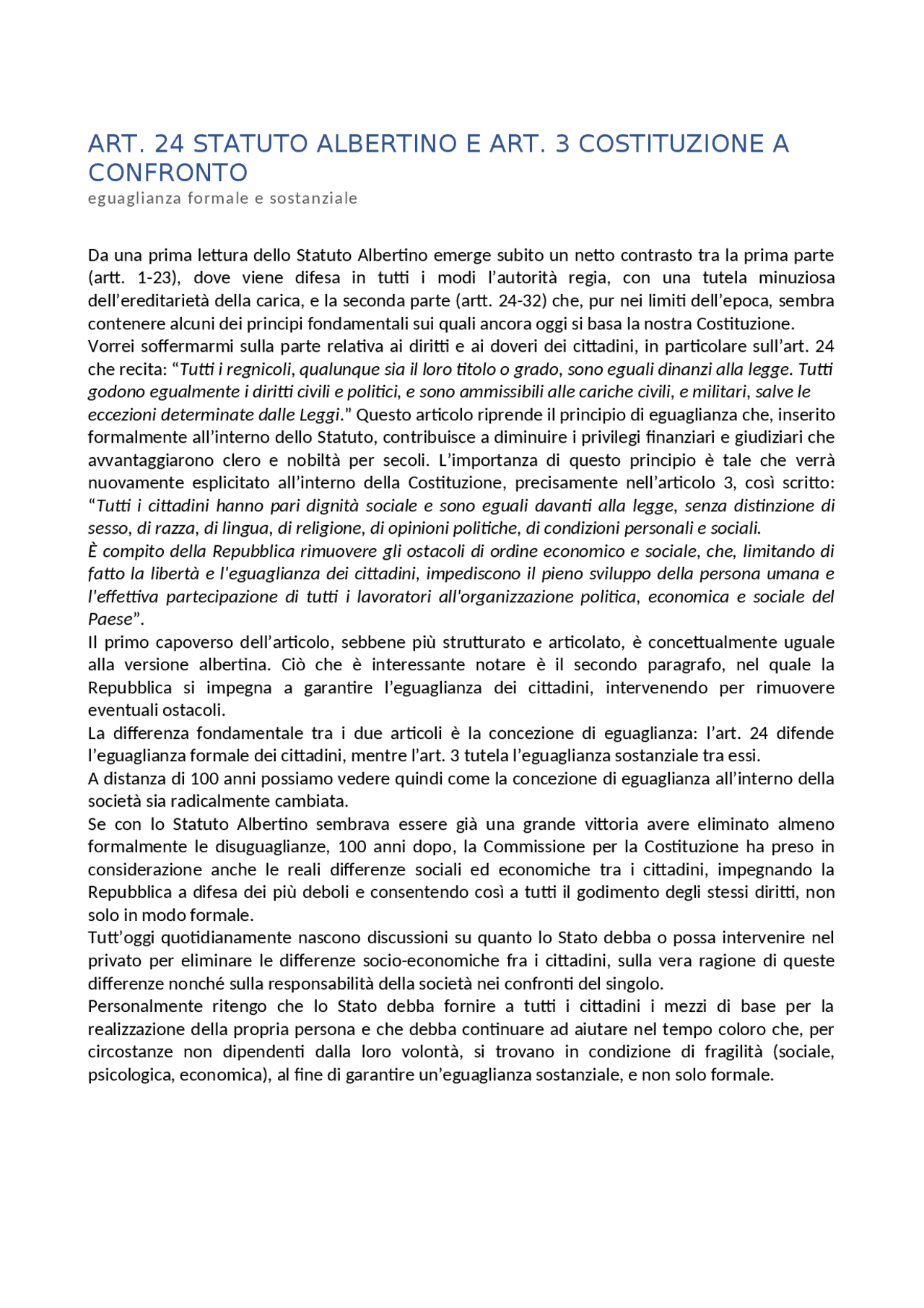 Confronto tra art. 24 Statuto Albertino e art. 3 Costituzione | Guide ...