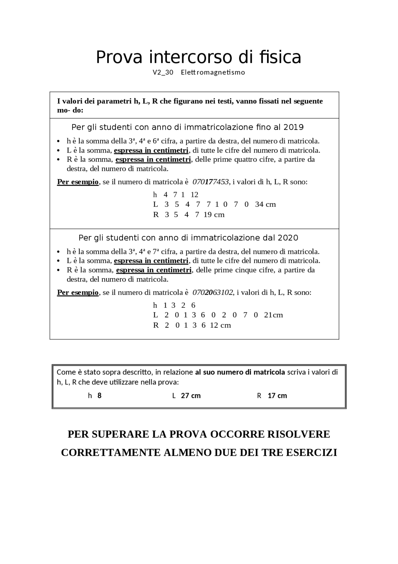 Prova intercorso di fisica V2_30 Elettromagnetismo | Prove d'esame di Fisica | Docsity