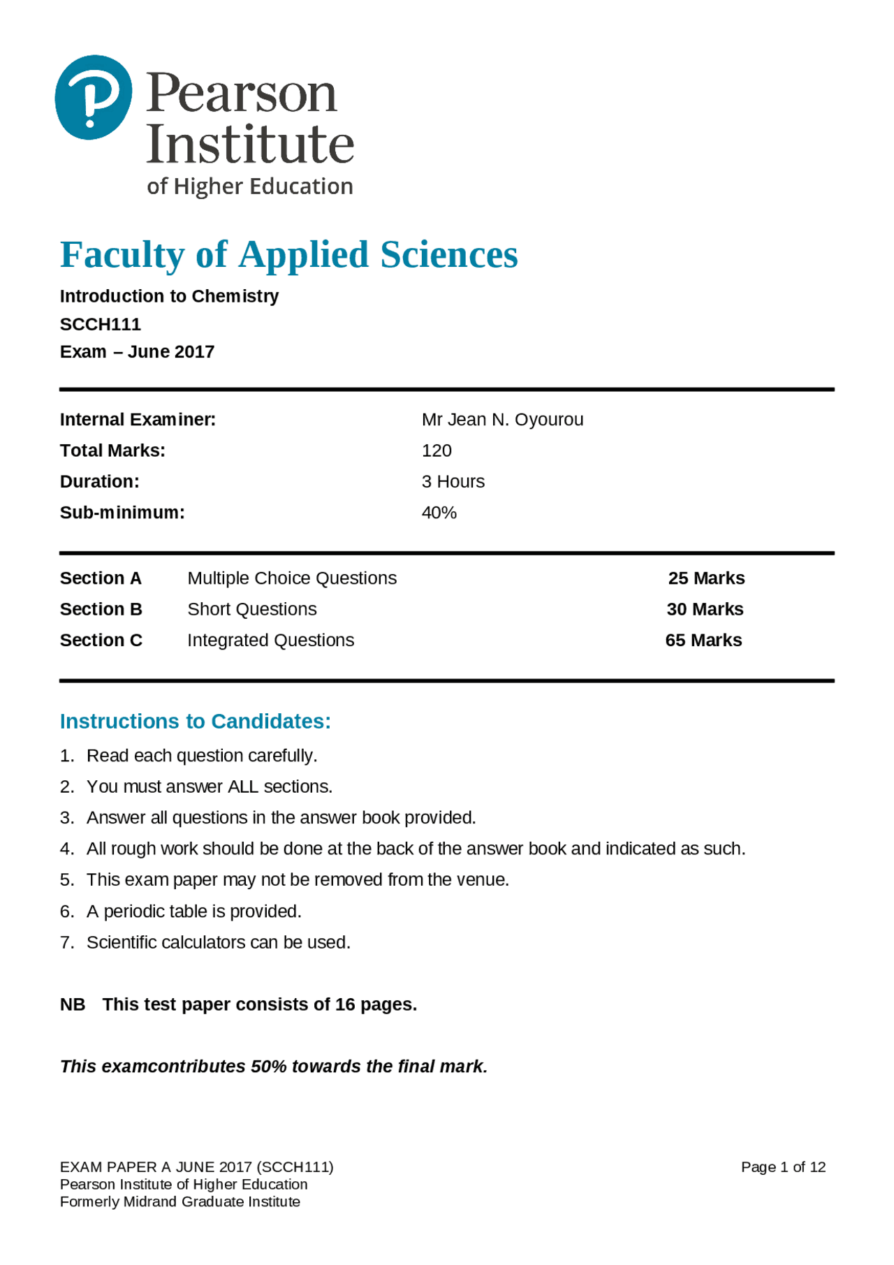 Introduction to chemistry exam papers | Exams Chemistry | Docsity