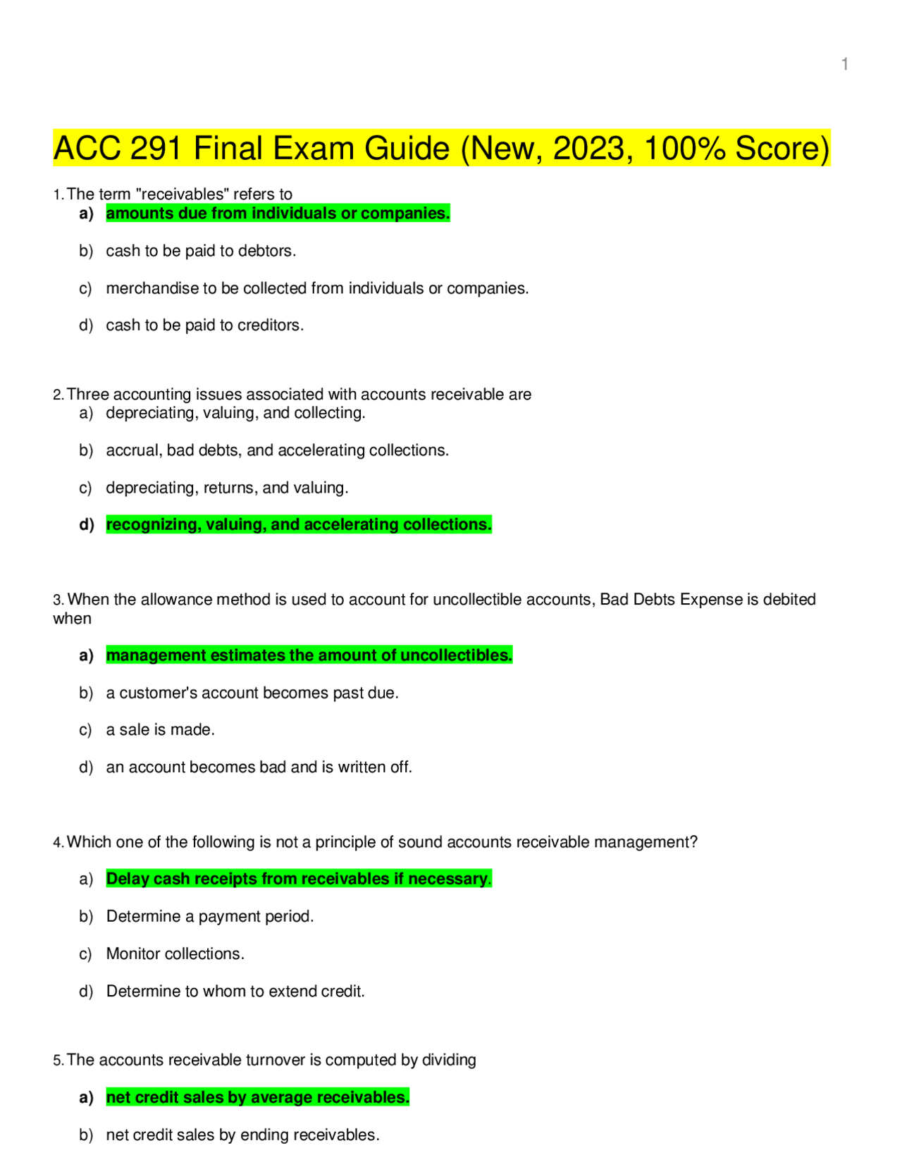 Acc_291_final_exam_guide_new_2023_100_score. | Exams Nursing | Docsity