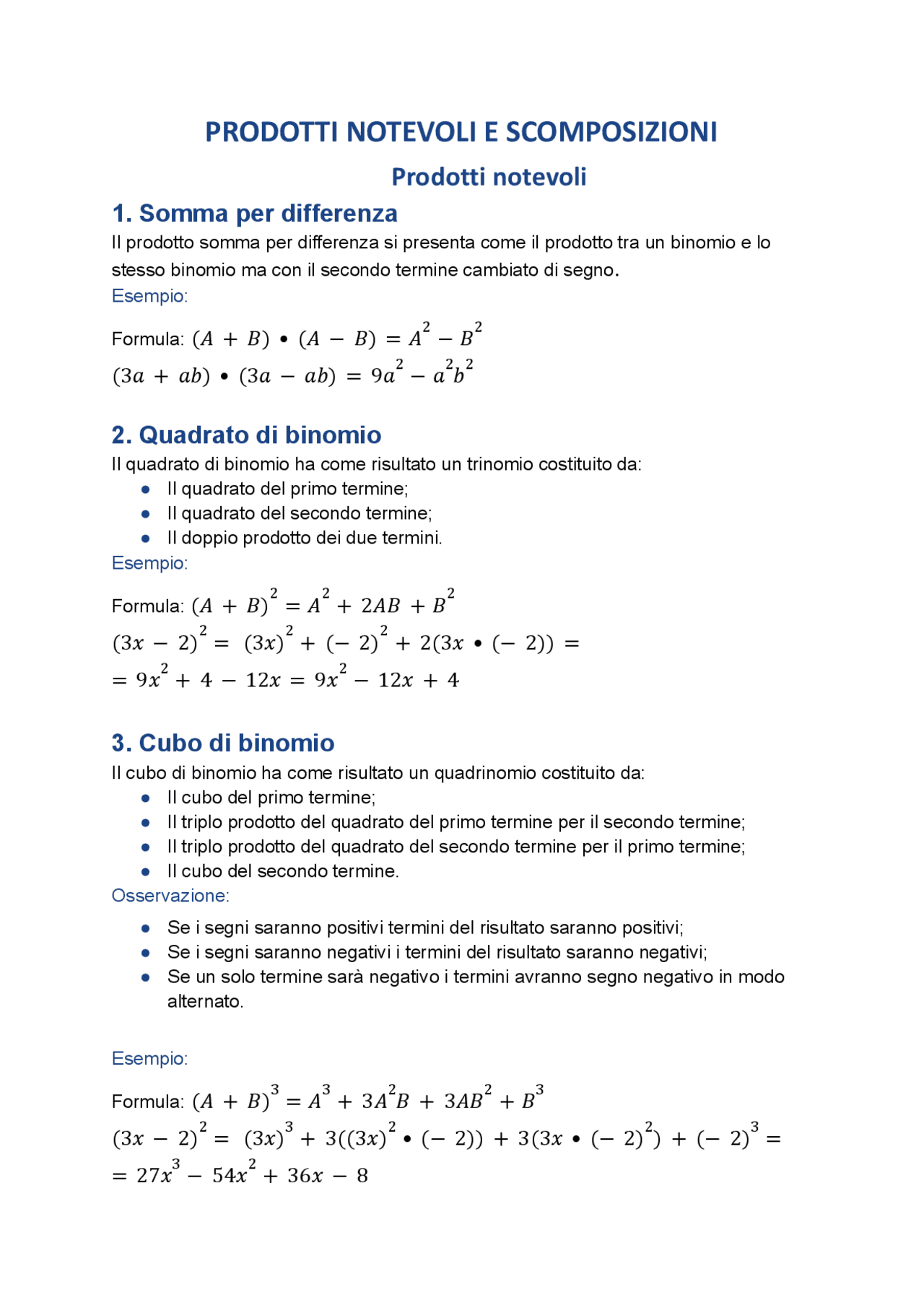 Prodotti notevoli e scomposizione dei polinomi | Appunti di Matematica ...