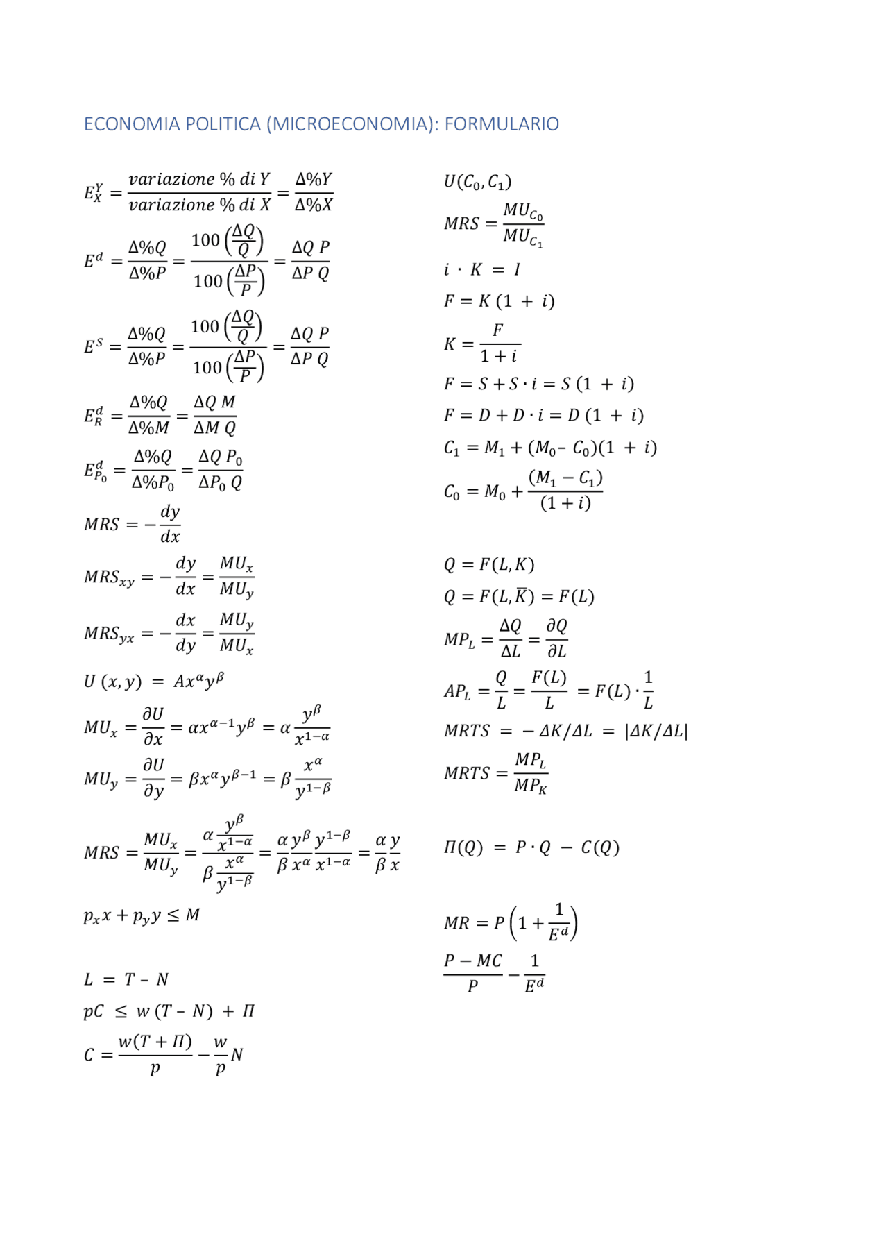 Formulario microeconomia | Formulari di Microeconomia | Docsity