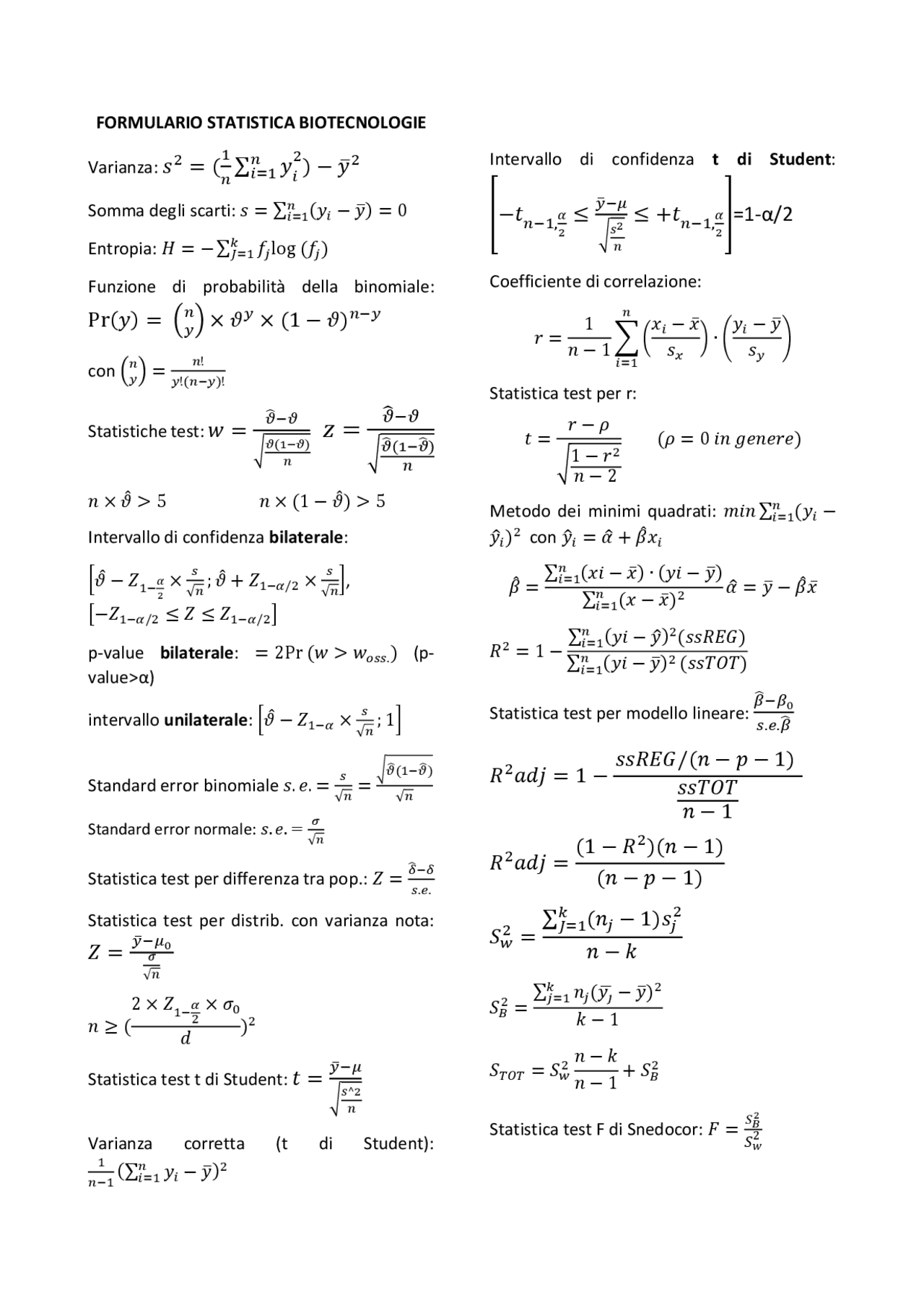 Formulario Statistica | Formulari di Probabilità e Statistica | Docsity