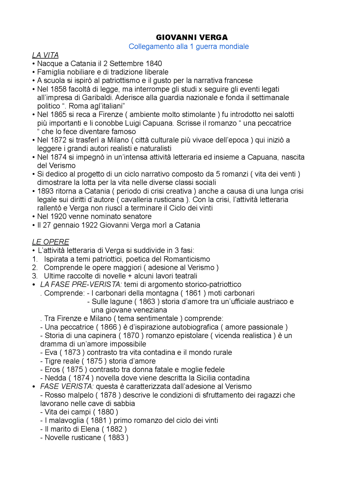 Giovanni Verga: vita e opere | Schemi e mappe concettuali di Italiano | Docsity