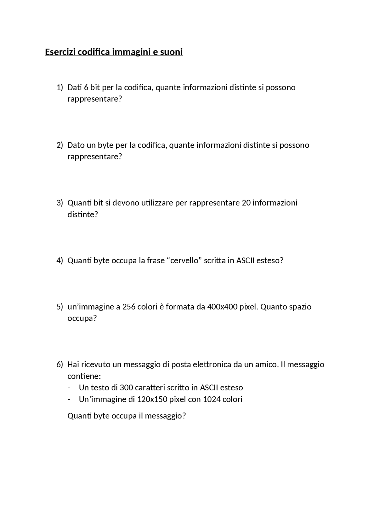 Esercizi Su Codifica Immagini E Suoni Esercizi Di Informatica Docsity