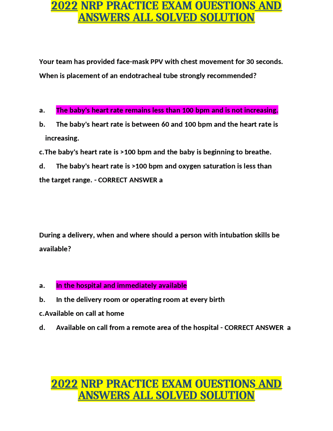 NRP Practice Exam Questions and Answers: A Comprehensive Guide for Neonatal Resuscitation ...