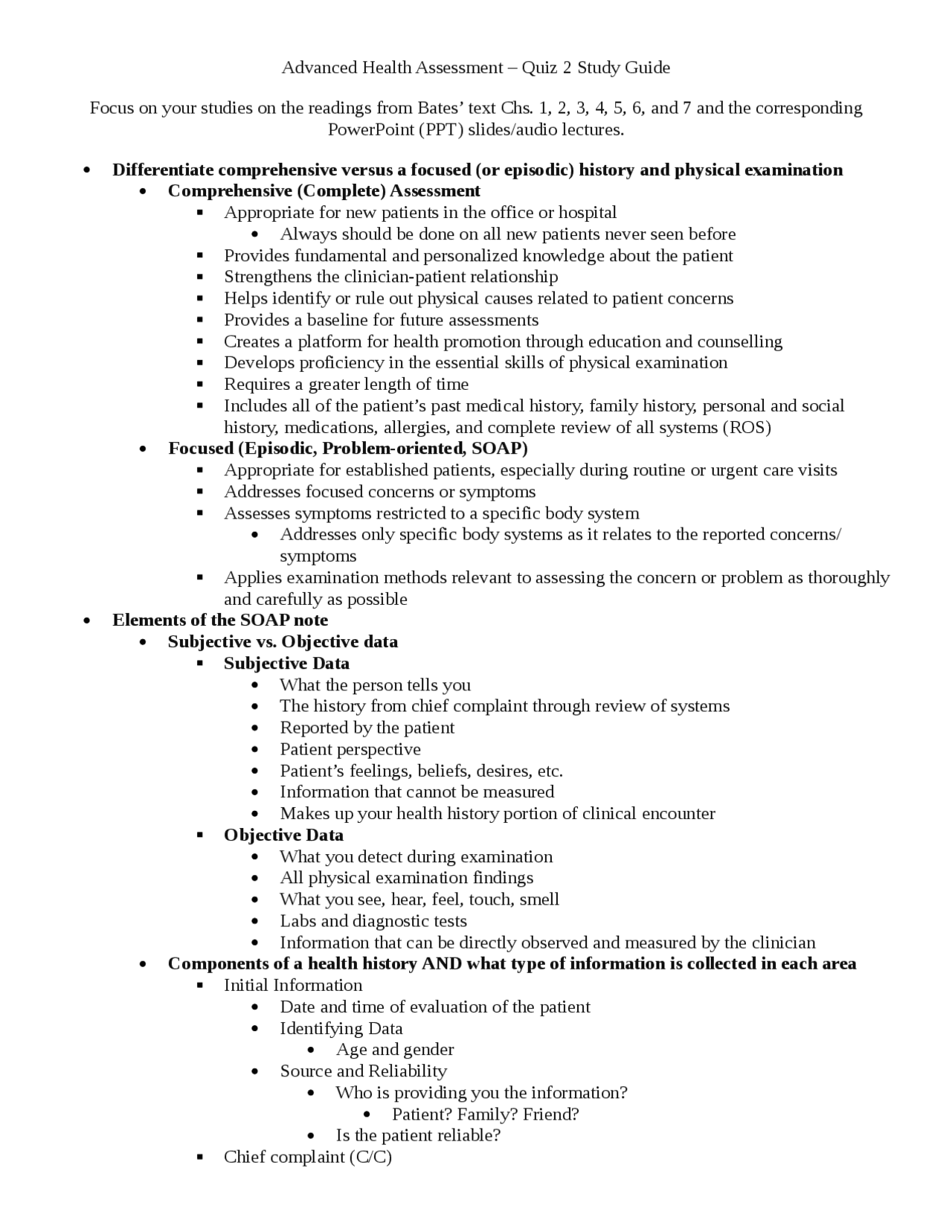 Advanced Health Assessment - Quiz 2 Study Guide. | Exams Health ...