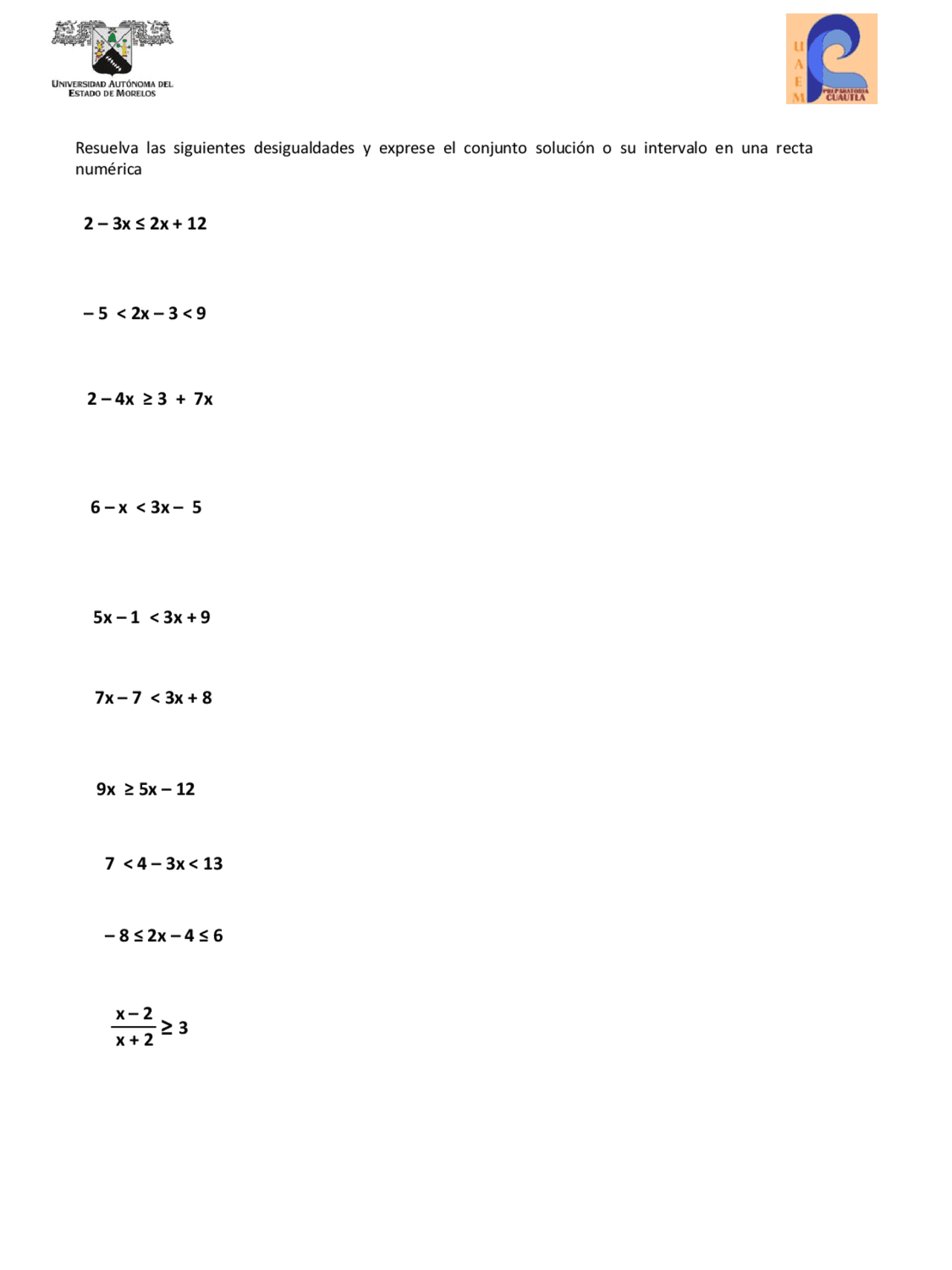 Desigualdades matemáticos | Exercícios de Matemática | Docsity