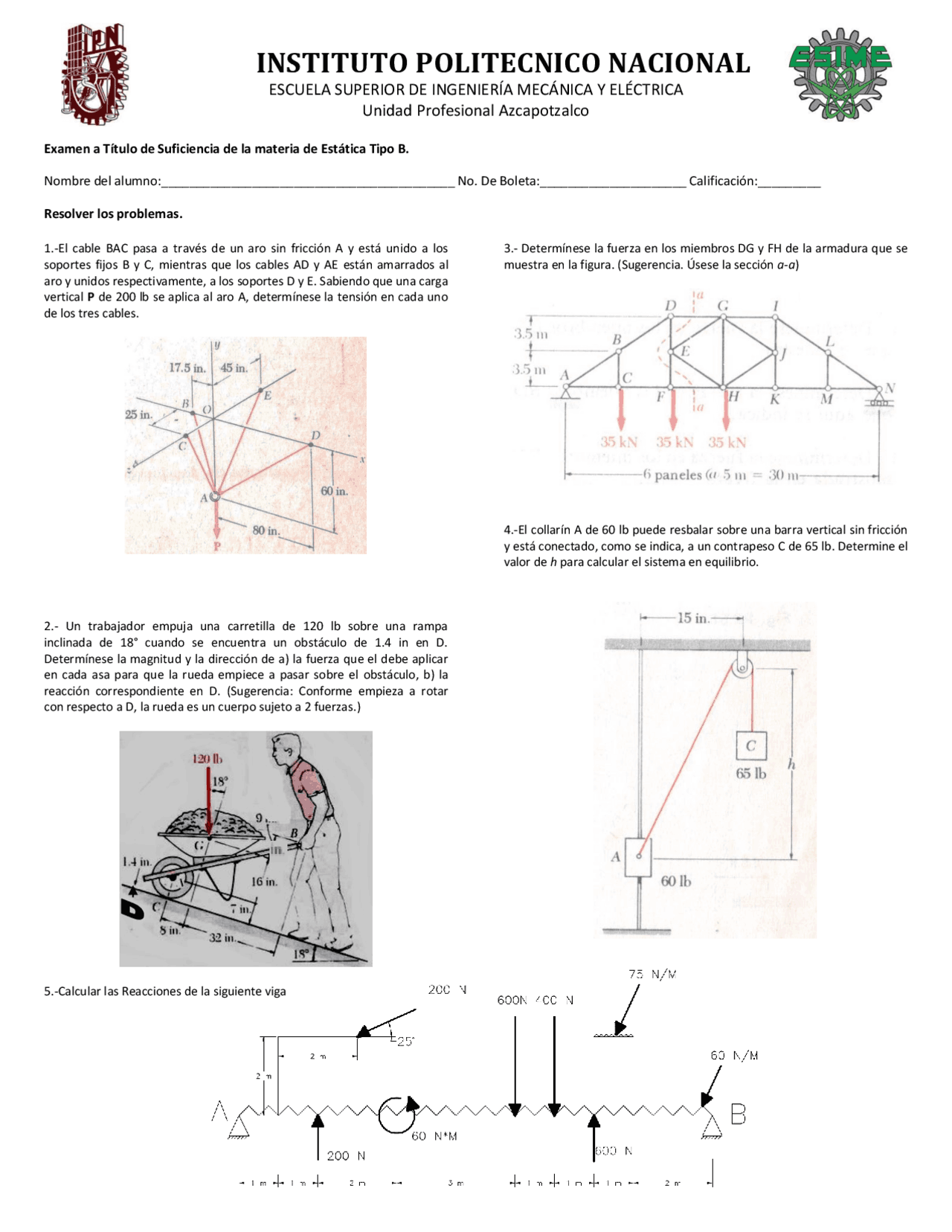 Examen A Titulo De Suficiencia De Estatica Exámenes De Estática Docsity