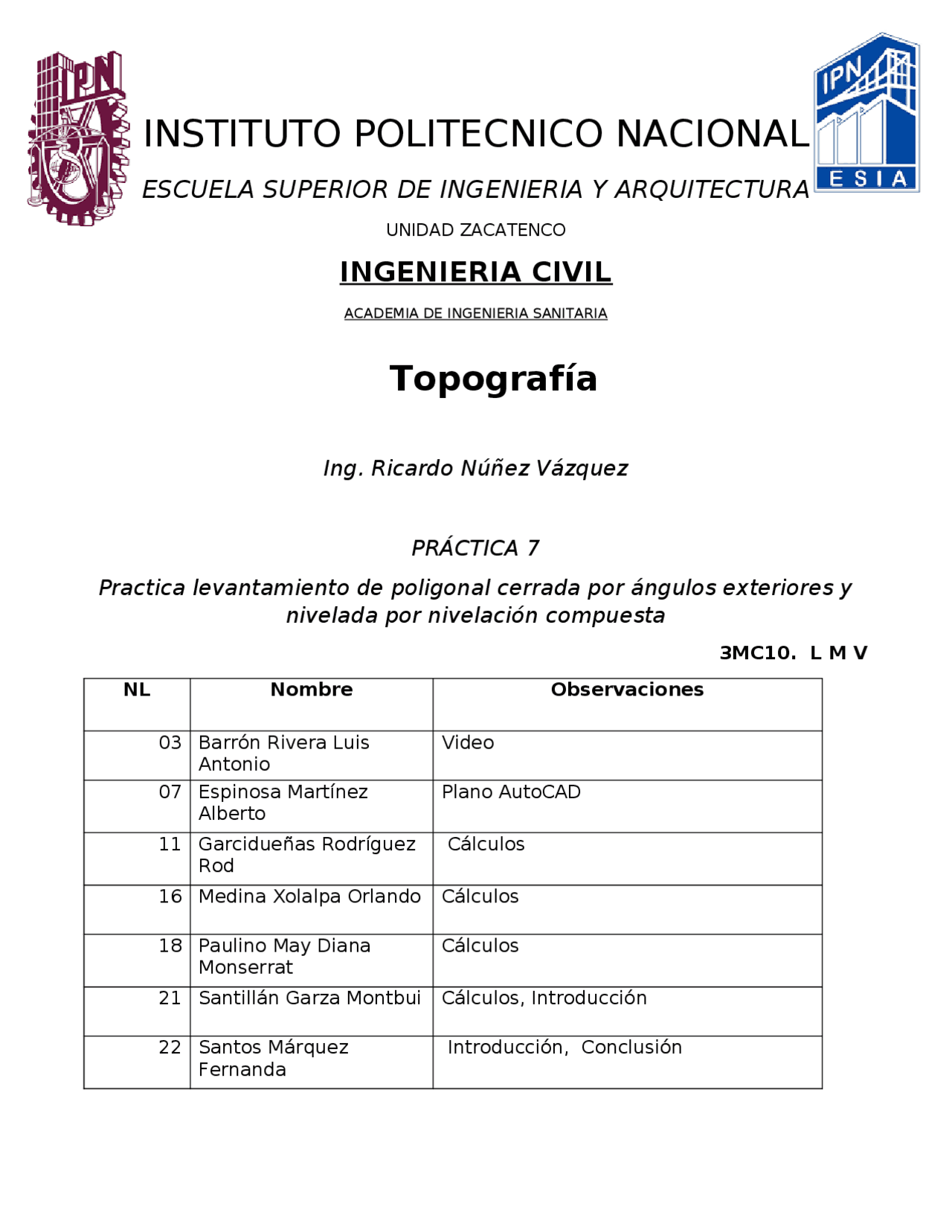 Práctica 7 de topografía | Ejercicios de Topografía | Docsity