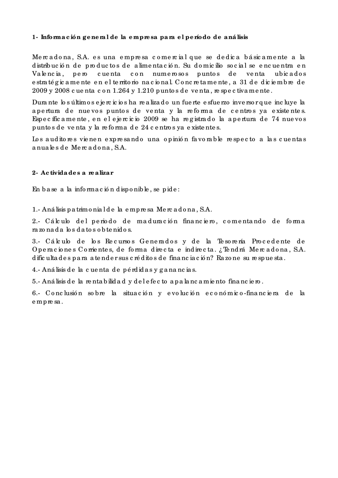 Ejercicio Caso Mercadona Ejercicios De Análisis Financiero Docsity