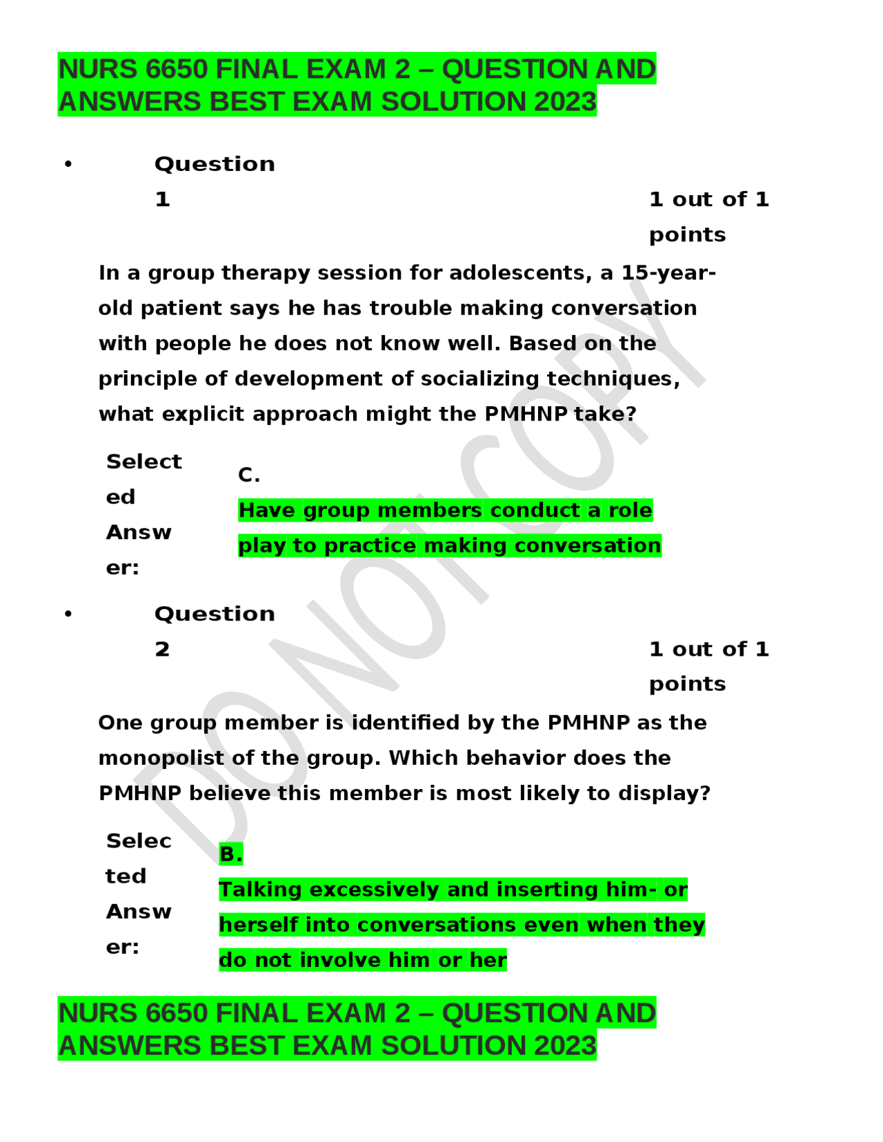 NURS 6650 Final Exam 2 - Question and Answers | Exams Nursing | Docsity