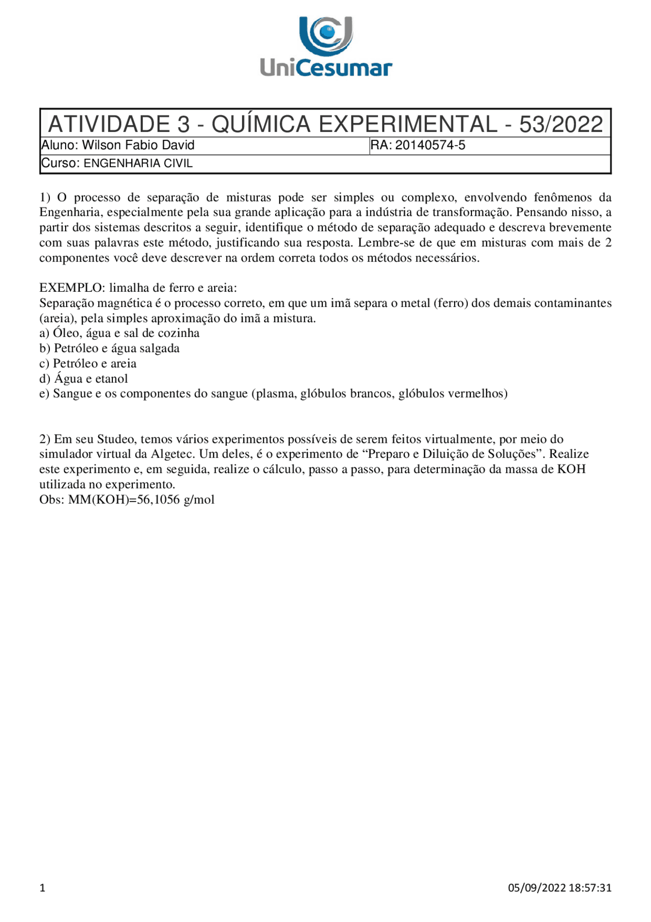Química Experimental Exercícios Engenharia Civil Docsity
