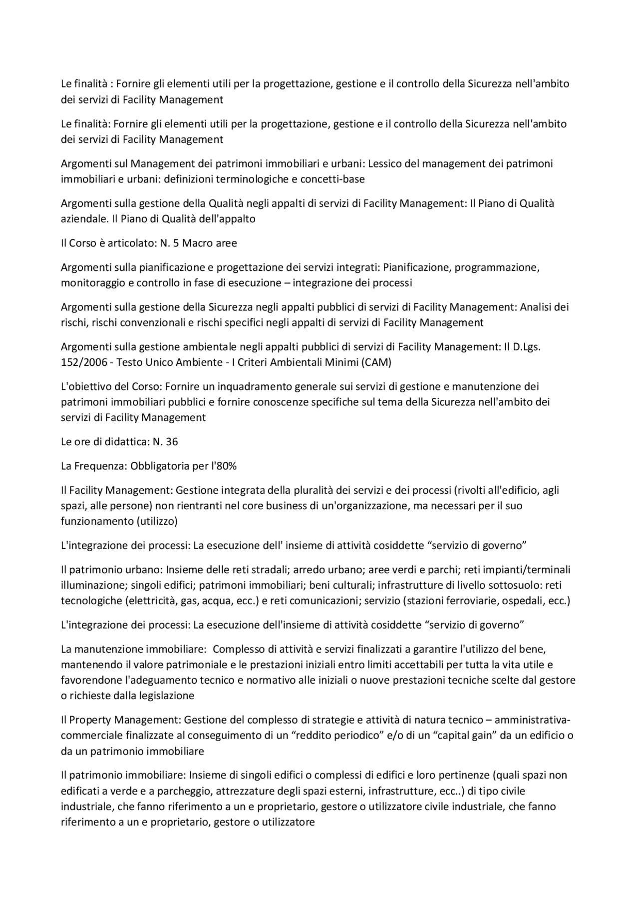 Domande Facilyti managment e sicurezza | Prove d'esame di Project Management | Docsity