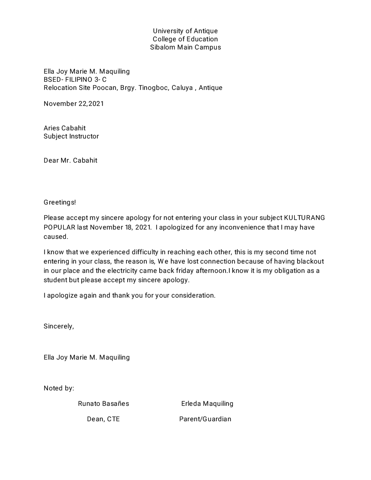 absent letter- bachelor of Secondary Education Major in Filipino ...