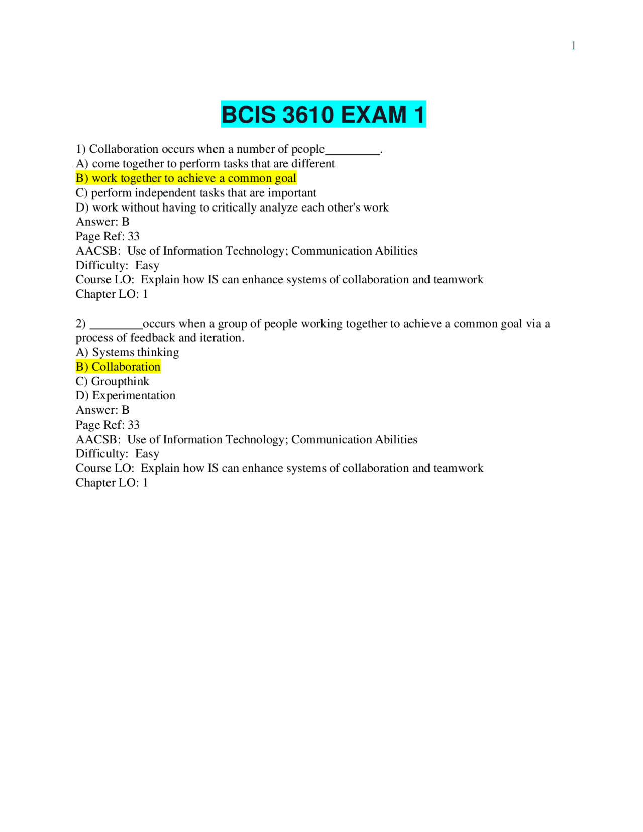 Bcis3610exam1 Bcis3610exam1 Exams Nursing Docsity