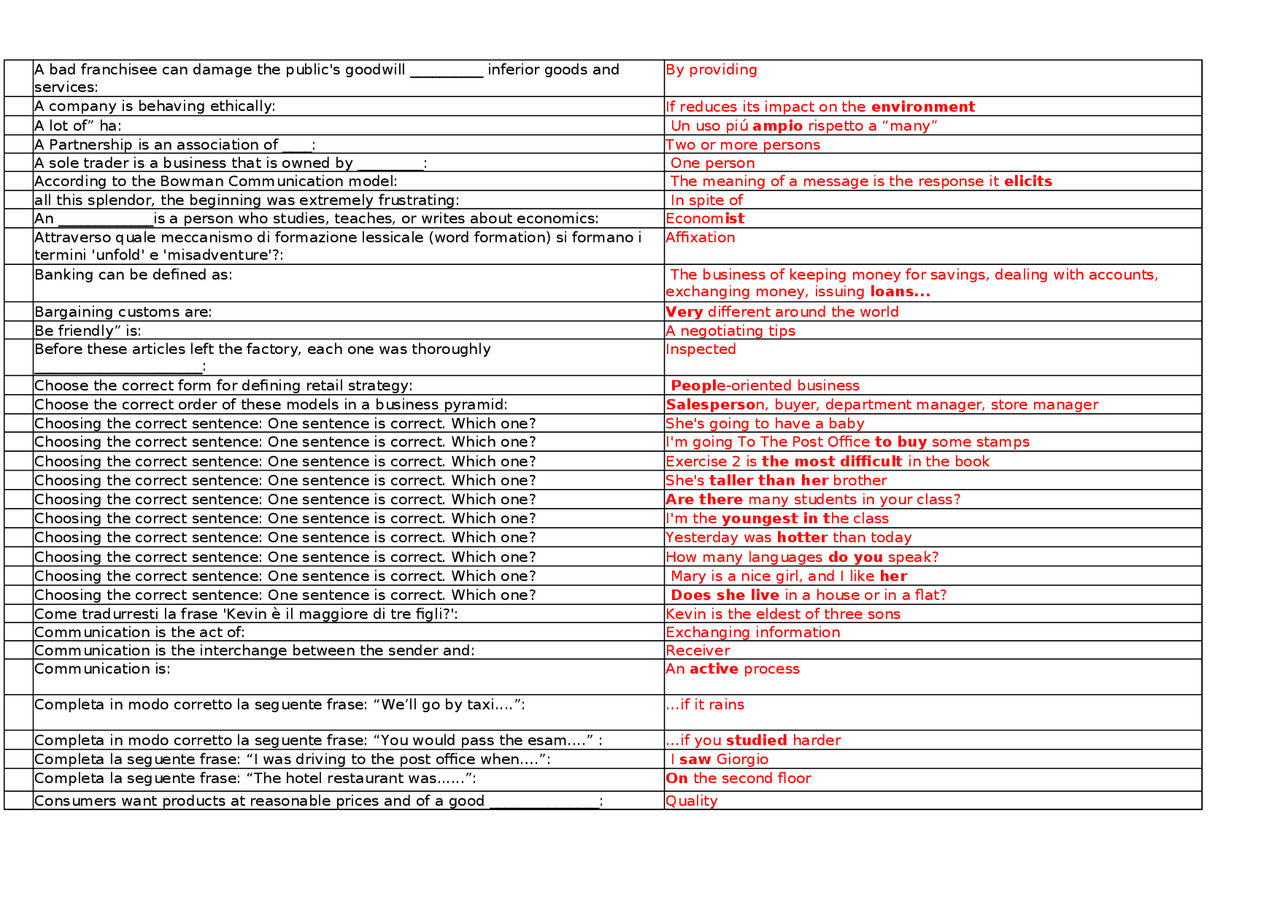 Domande E Risposte Inglese Prove Desame Di Lingua Inglese Docsity