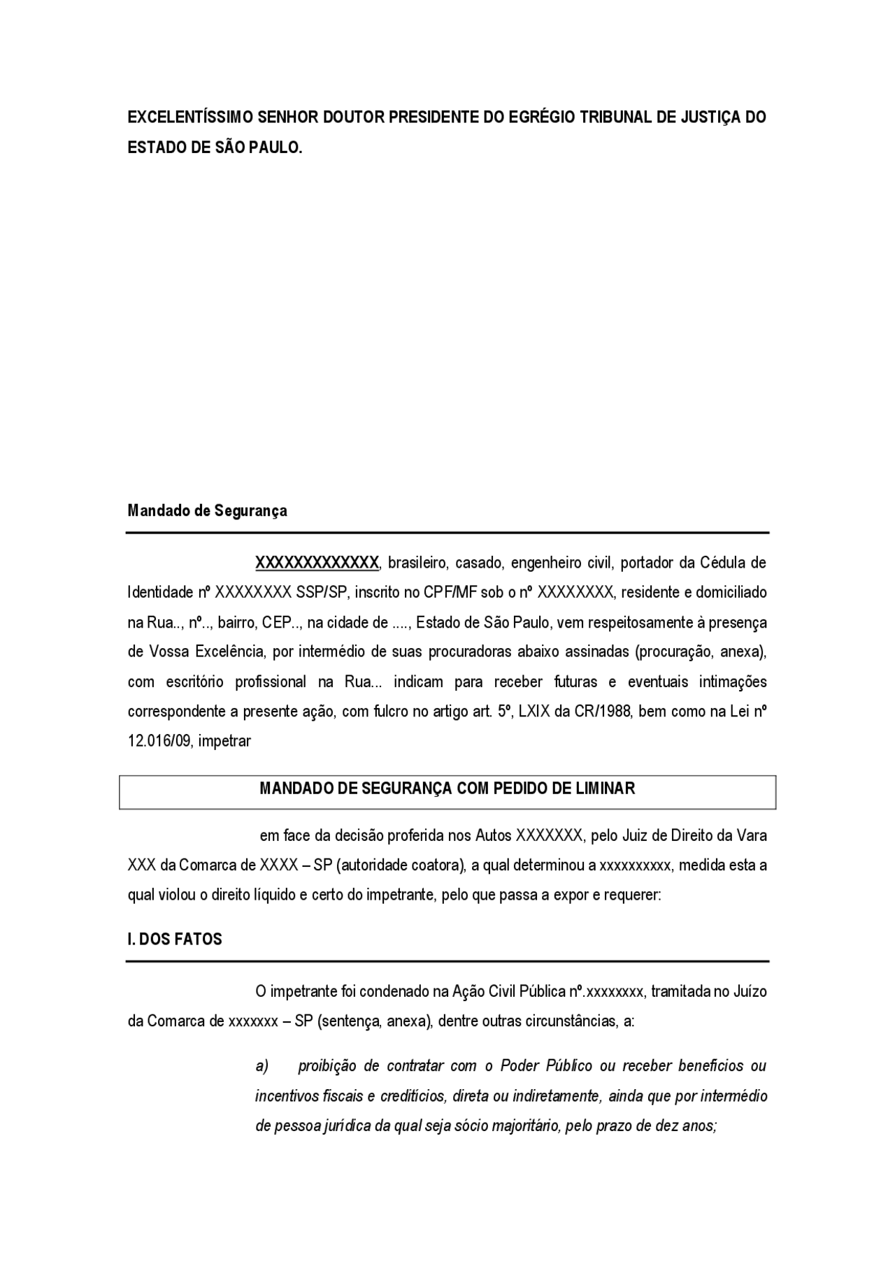 Modelo de Mandado de Segurança - Ato Judicial | Exercícios Direito ...