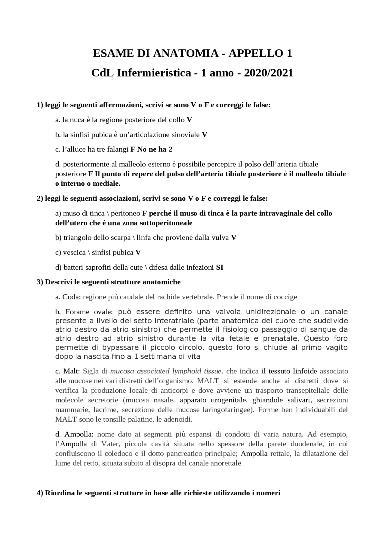 Primo Appello Anatomia Prove Desame Di Anatomia Docsity