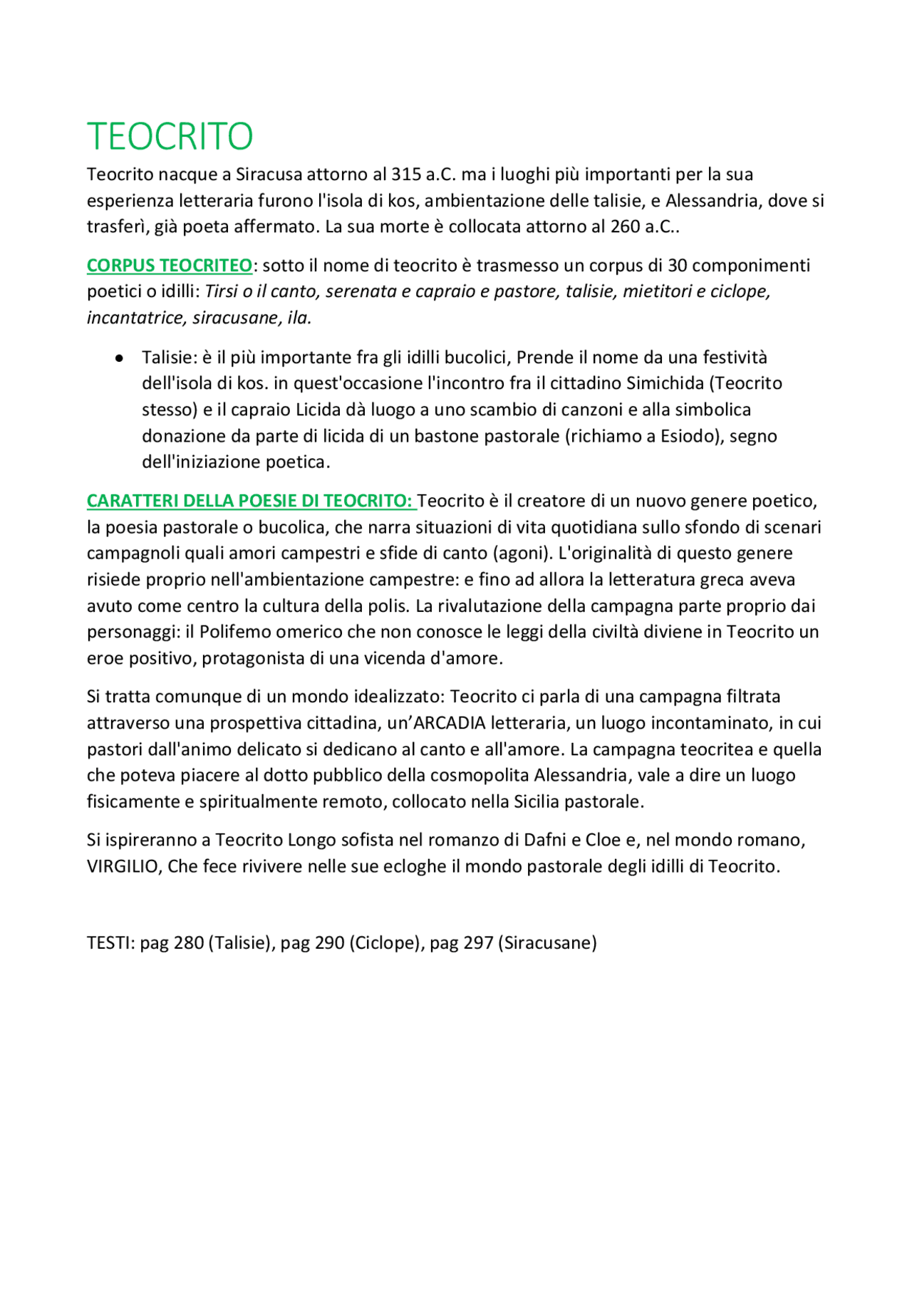Vita E Opere Di Teocrito Appunti Di Greco Docsity