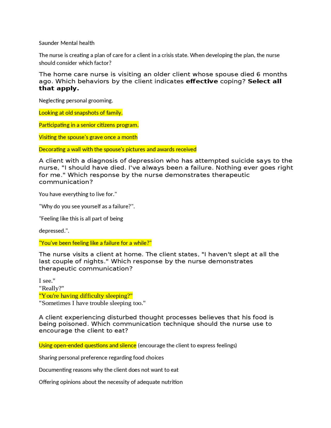 Nurd Misc Saunder Mental Health Exam Questions With Answers 2022 Update