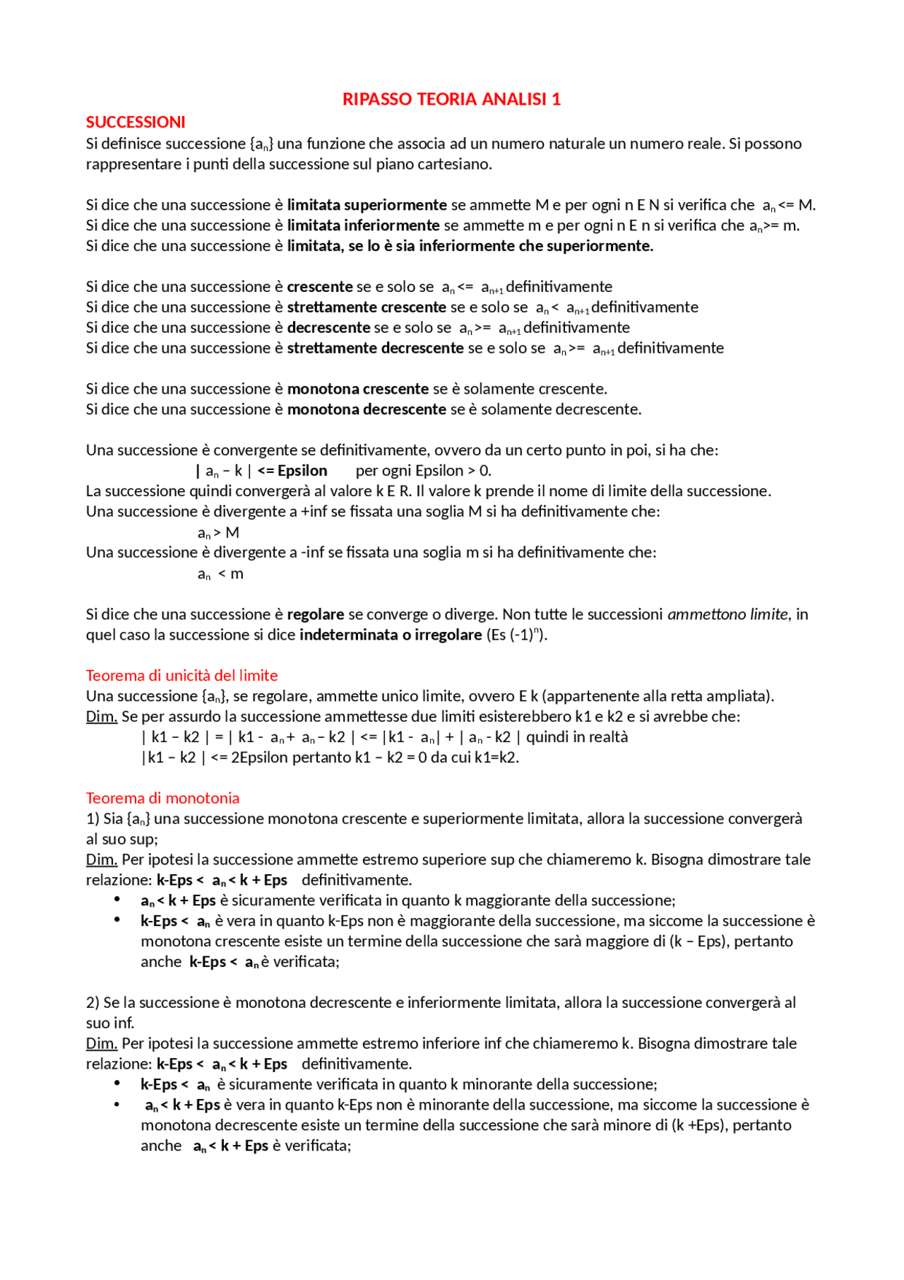 Riassunto teorico di analisi 1 | Dispense di Analisi Matematica I | Docsity