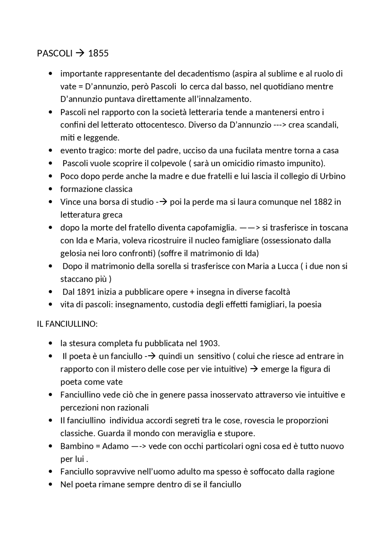 PASCOLI, D'ANNUNZIO, PIRANDELLO, SVEVO | Schemi e mappe concettuali di Italiano | Docsity