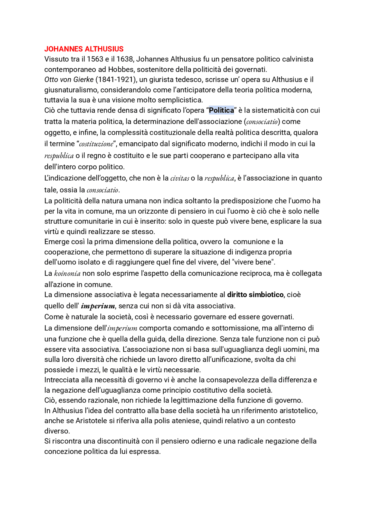 JOHANNES ALTHUSIUS, riassunto | Appunti di Filosofia Politica | Docsity