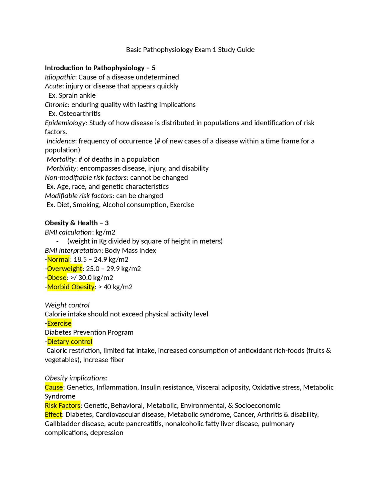 Basic Pathophysiology Exam 1 Study Guide. | Exams Health sciences | Docsity