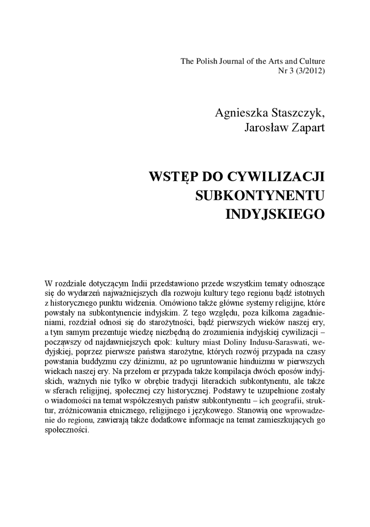 WSTĘP DO CYWILIZACJI SUBKONTYNENTU INDYJSKIEGO | Publikacje Historia | Docsity