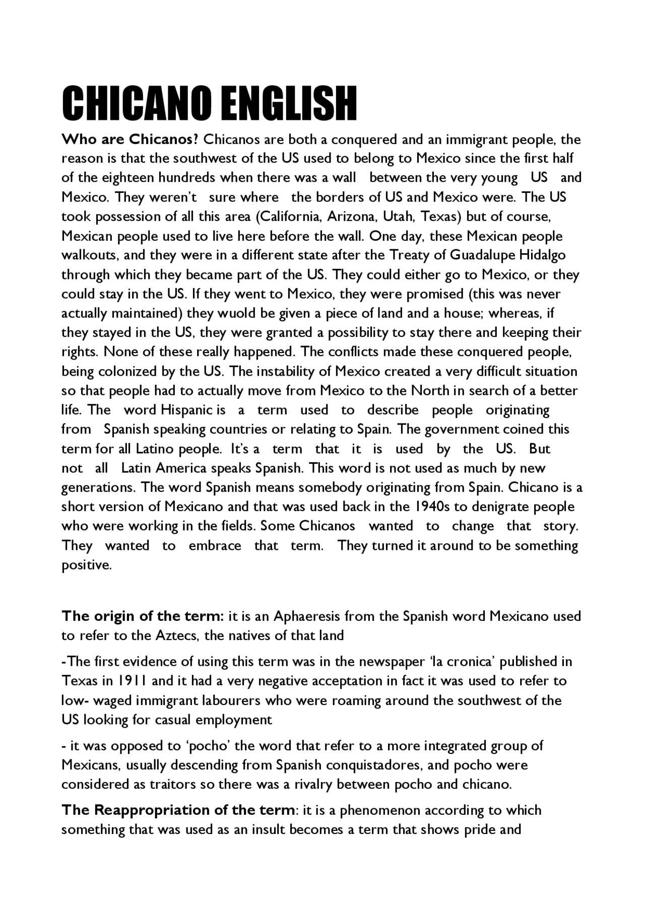 CHICANO ENGLISH sbobine | Sbobinature di Lingua Inglese | Docsity