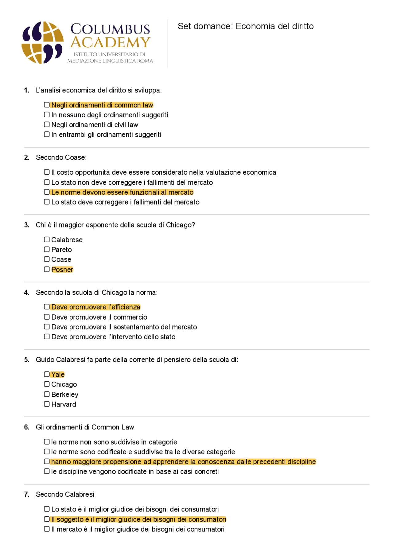 Paniere economia del diritto | Prove d'esame di Diritto Dell'economia | Docsity