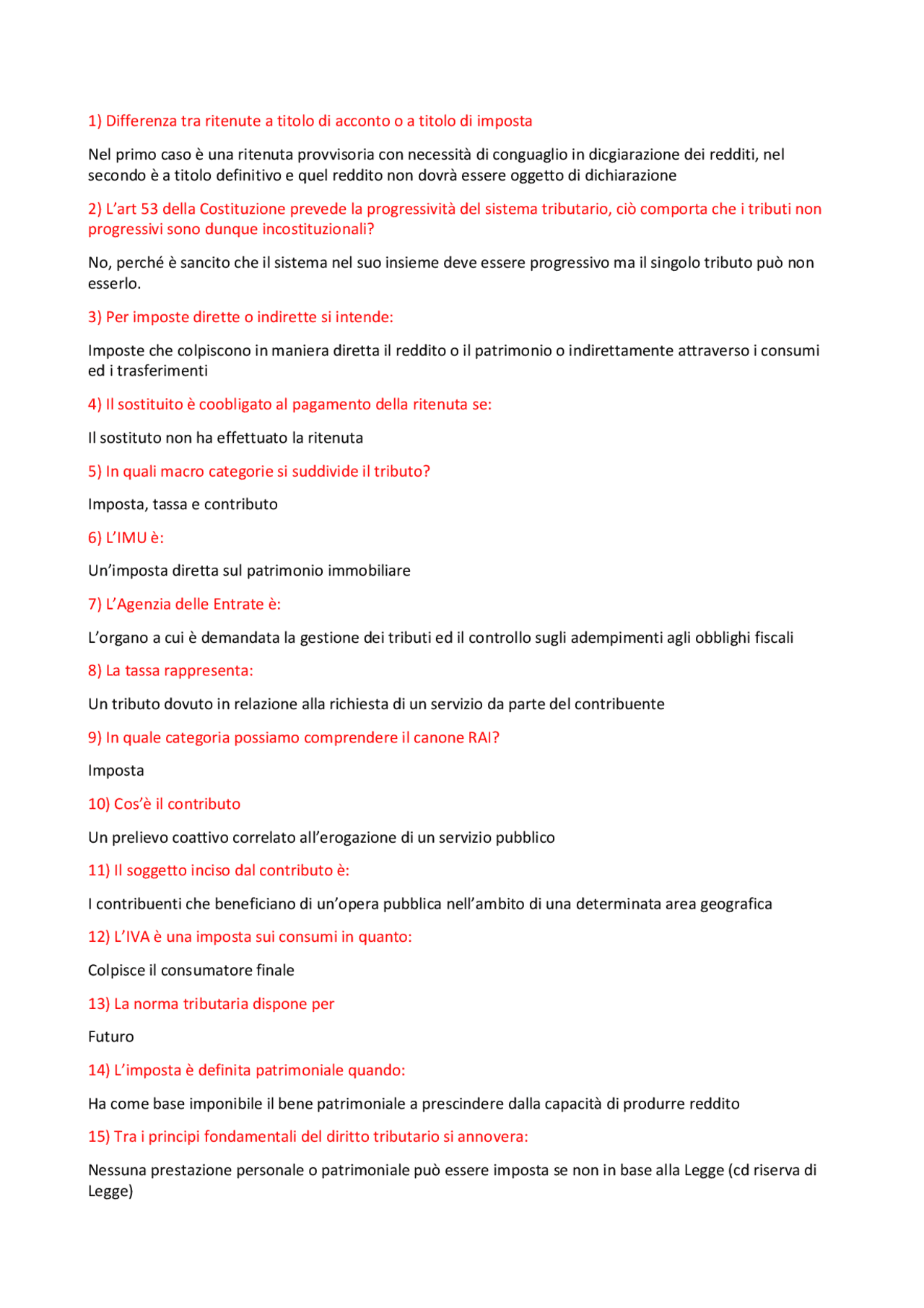 Diritto Tributario 124 DOMANDE e RISPOSTE eCampus | Panieri di Diritto Tributario | Docsity